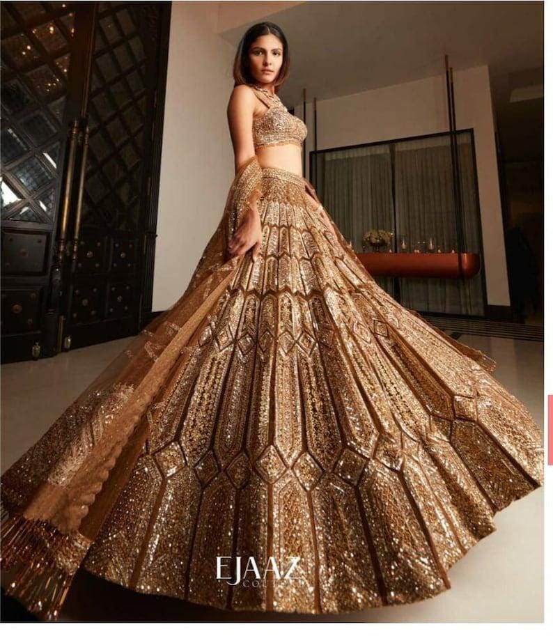 Luxury Gold Malai Silk Lehenga Choli, Heavy Coding Zari & Sequins ...