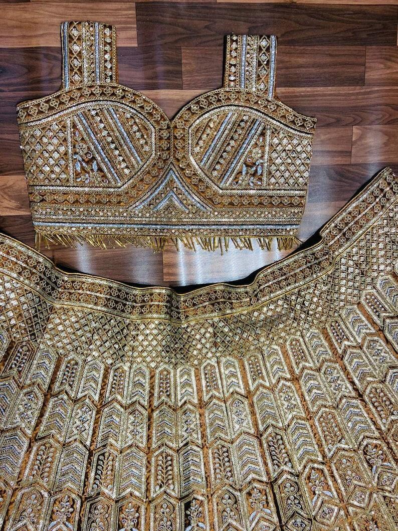 Luxury Gold Malai Silk Lehenga Choli, Heavy Coding Zari & Sequins ...