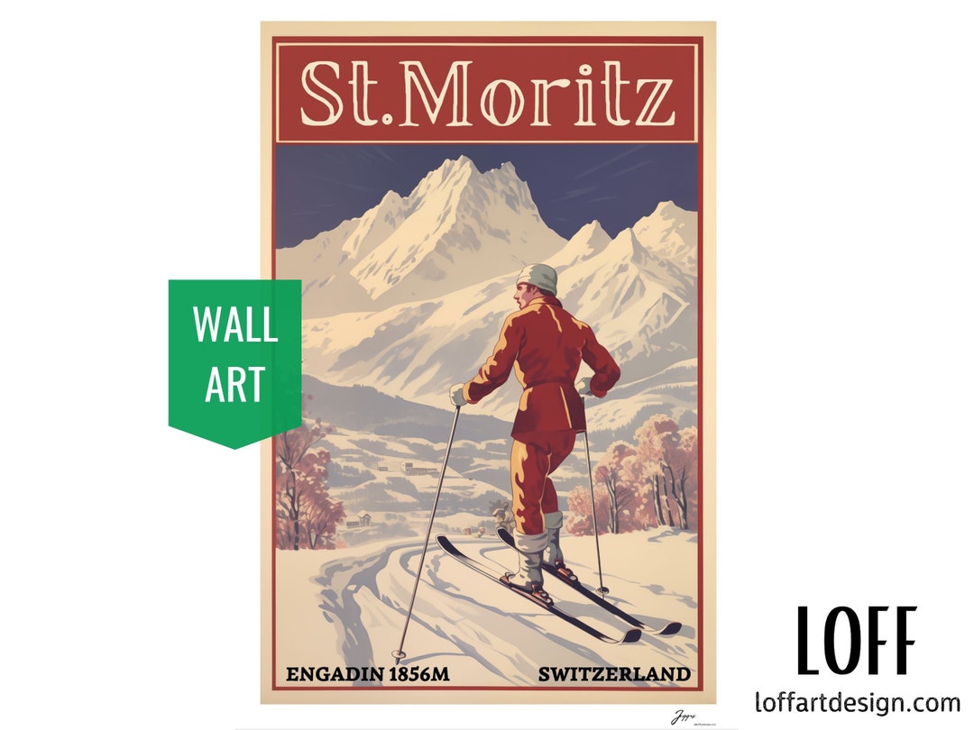 St Moritz Poster Ski Resort Vintage Illustration perfect for Skiing ...