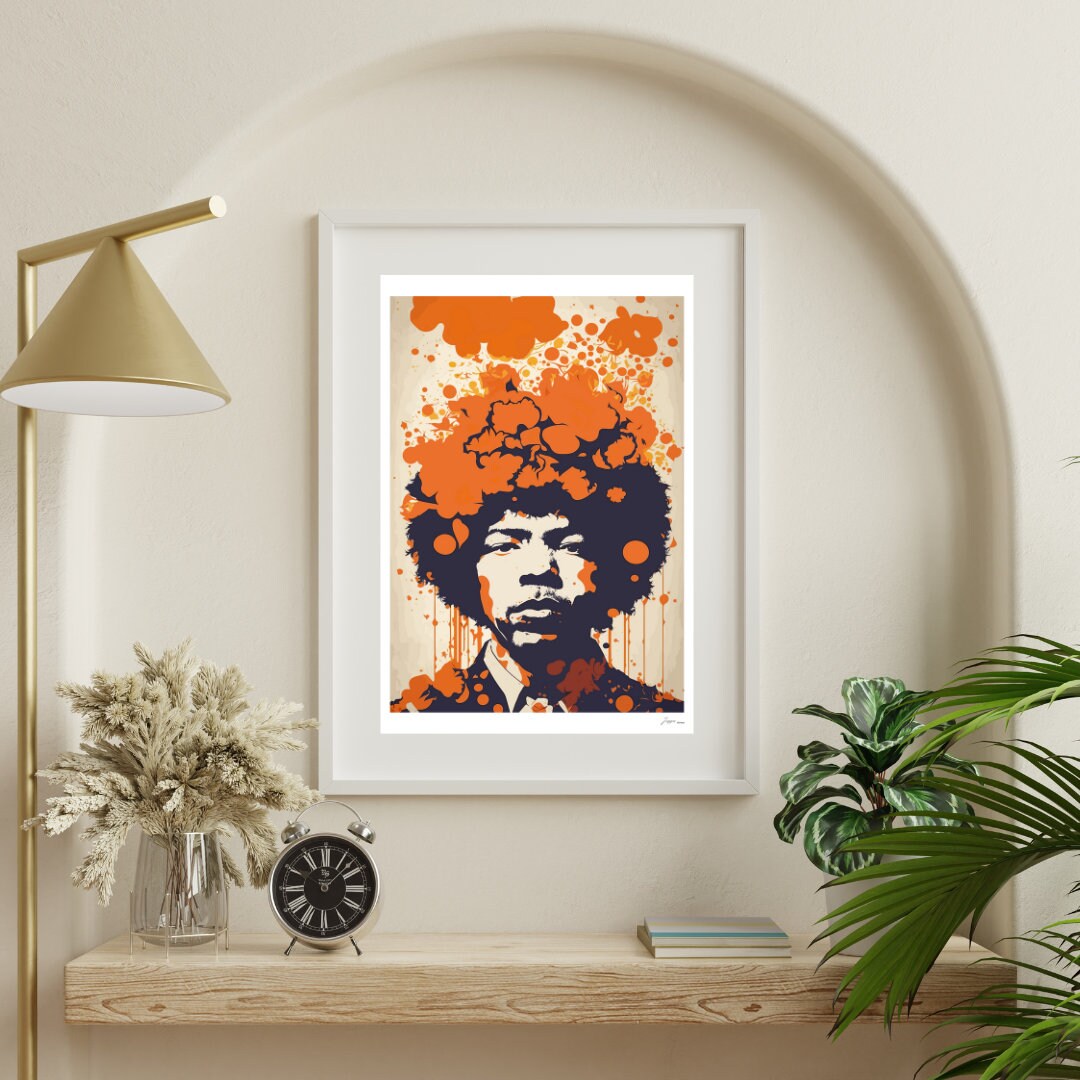 Jimmy Hendrix Pop Art Portrait - Orange and Black Art Print for Home ...