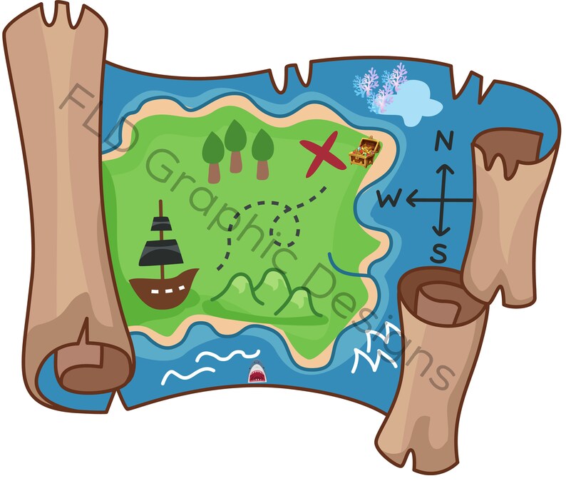 Treasure Map Image, Pirates Treasure Map, Cartoon Style Graphic, Kids ...