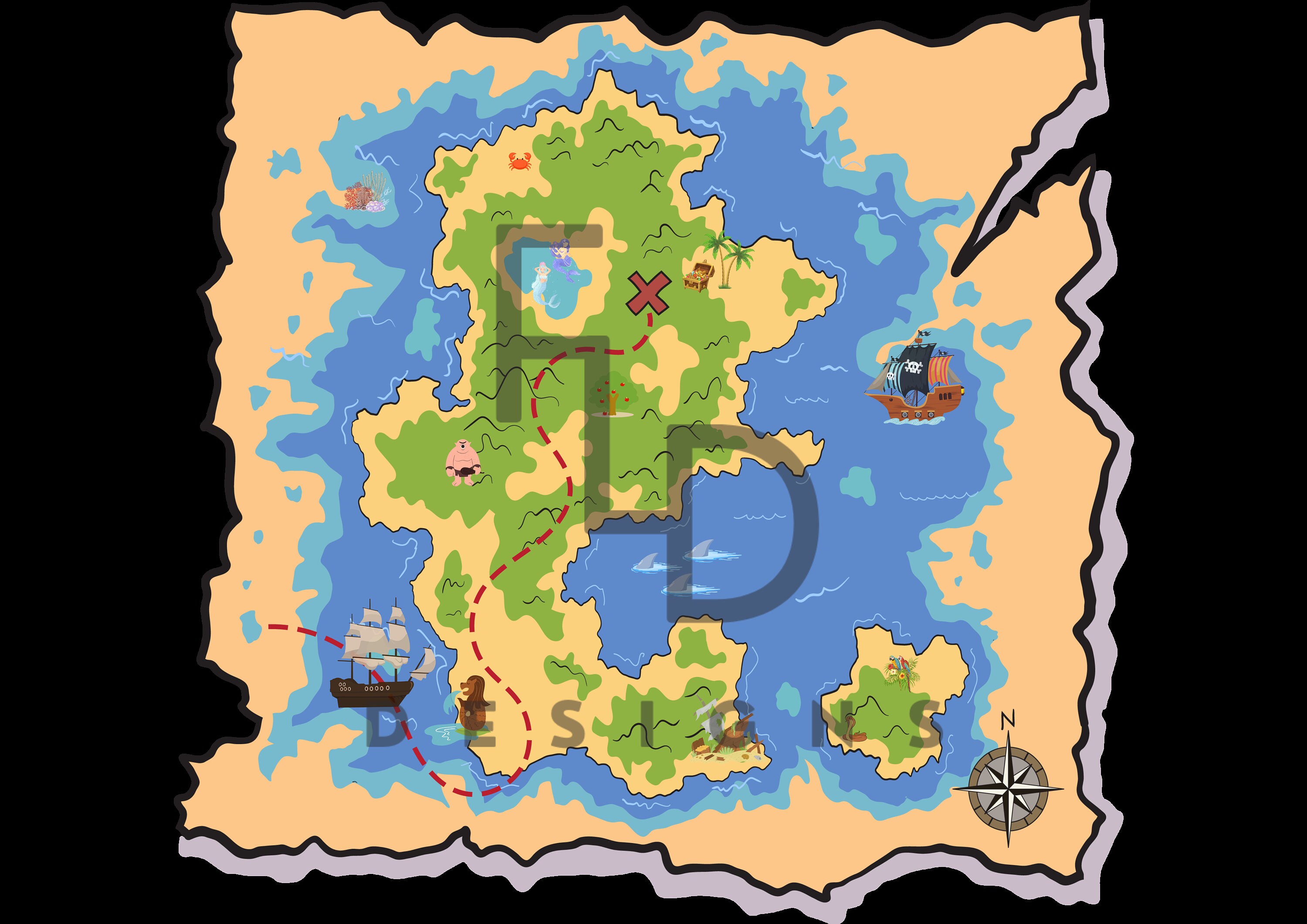 Treasure Map Image Pirates Treasure Map, Cartoon Style Graphic, Kids ...