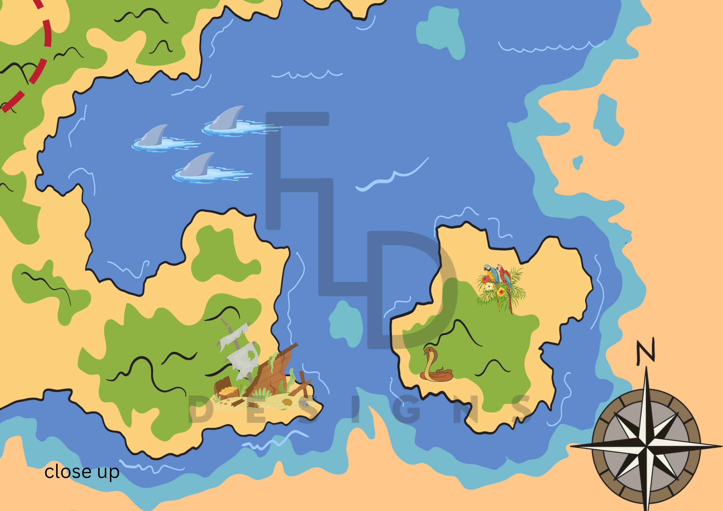 Treasure Map Image Pirates Treasure Map, Cartoon Style Graphic, Kids ...