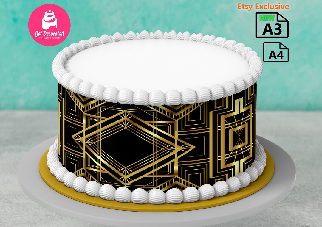 Edible Cake Icing Side Wrap Decoration Golden Effect Geometric Art Deco ...