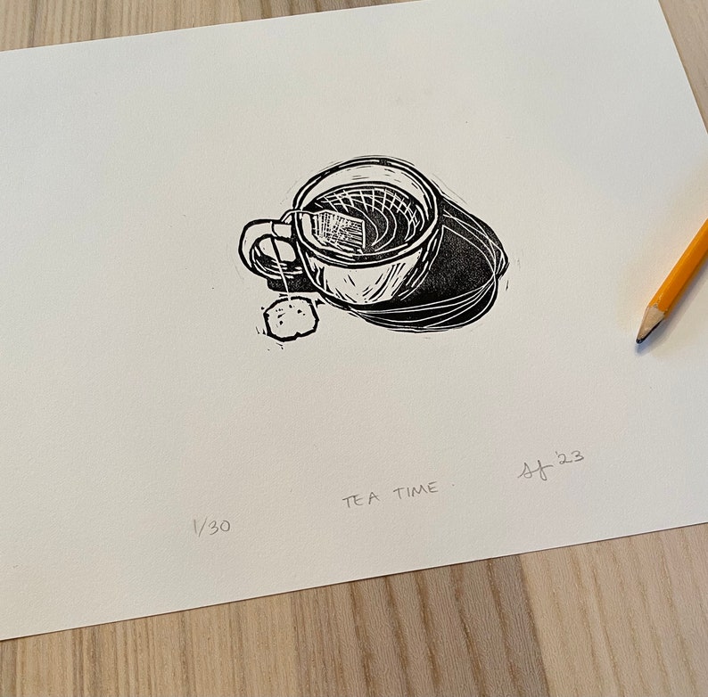 Original Linocut Print tea Time - Etsy