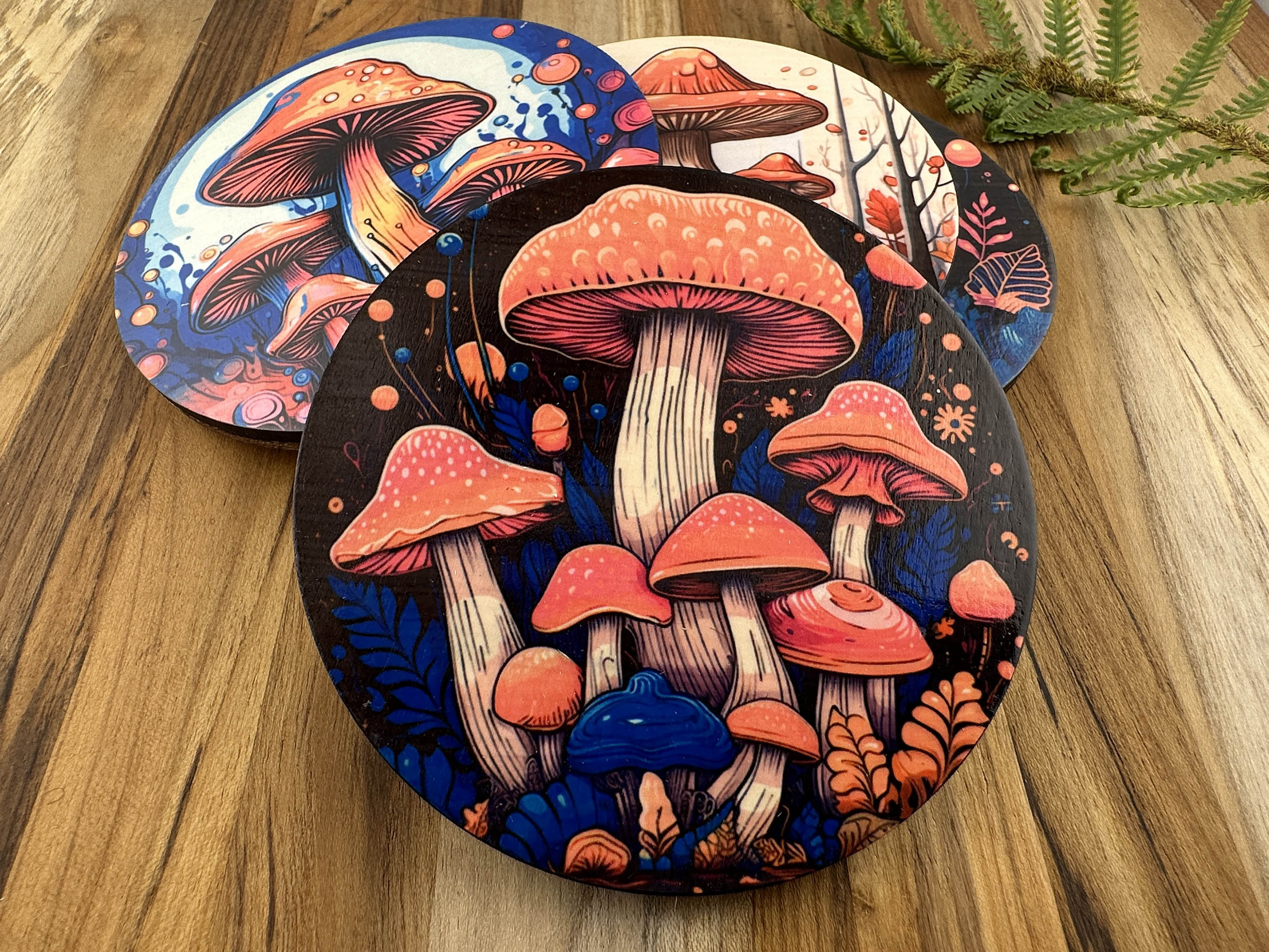 4 Pc Set Mushrooms Sublimation Wood Coasters Housewarming - Etsy