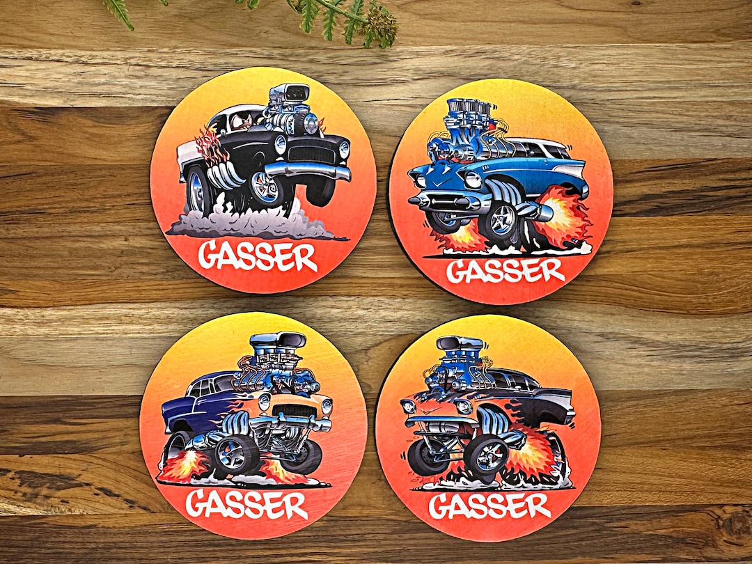 4 Pc Set Hot Rods Gasser Sublimation Wood Coasters, Mechanic Gift ...