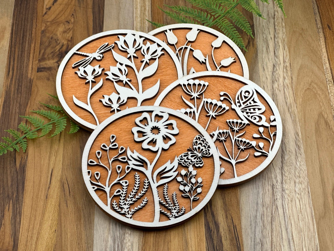 4 Pc Set Nature Wood Coasters, Series 2 Housewarming Gift, Wood ...