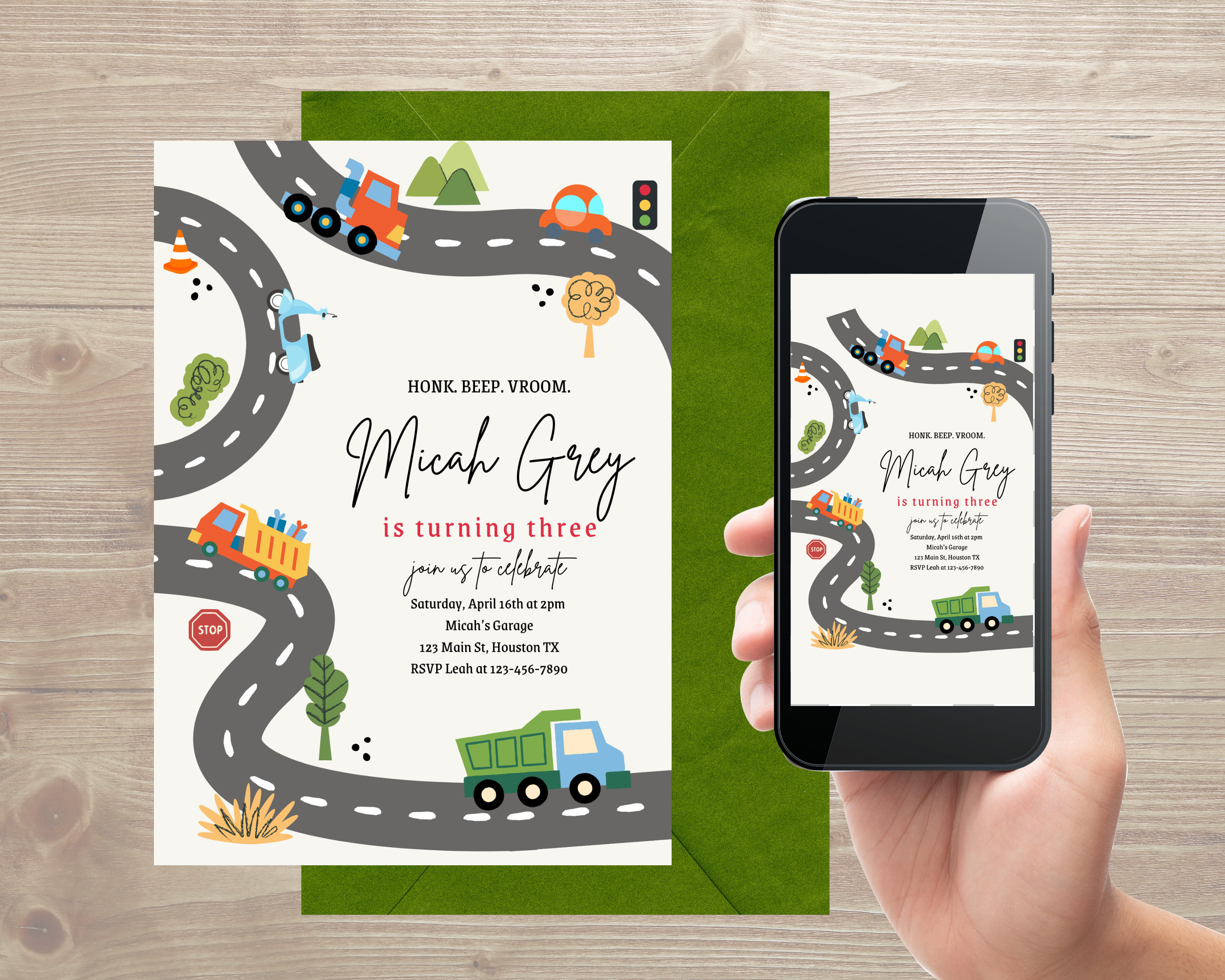 Vehicle Digital Birthday Invitation, Boy Birthday Invitation, Digital ...