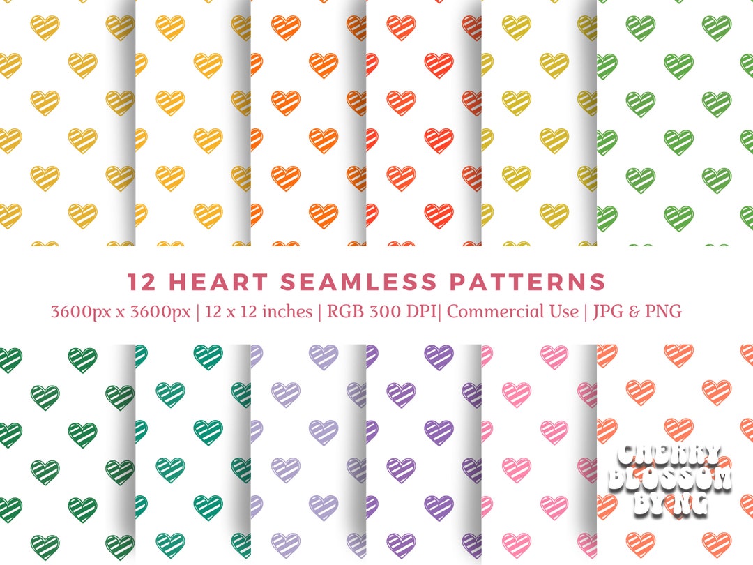 12 Heart Seamless Patterns, Rainbow Color Heart Digital Papers, Heart ...