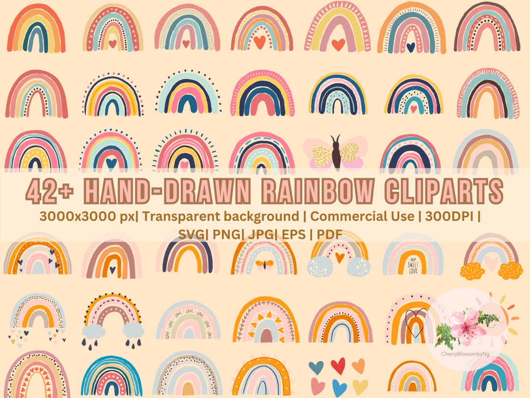 42 Hand Drawn Boho Rainbow Clipart Rainbow SVG Commercial Use Boho ...