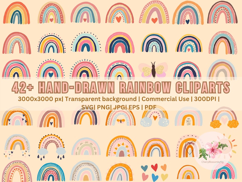 42 Hand Drawn Boho Rainbow Clipart Rainbow SVG Commercial Use Boho ...