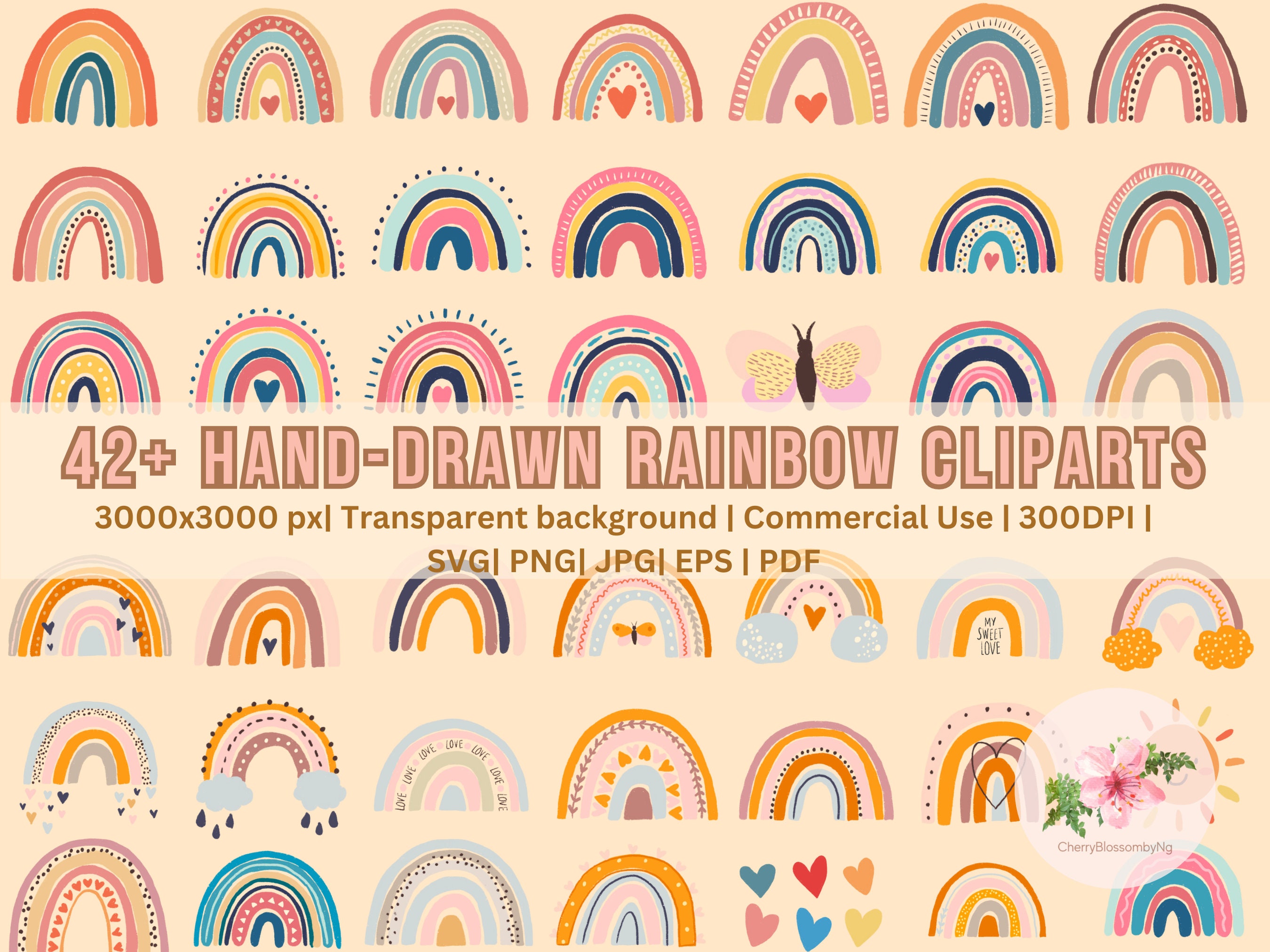 42 Hand Drawn Boho Rainbow Clipart Rainbow SVG Commercial Use Boho ...