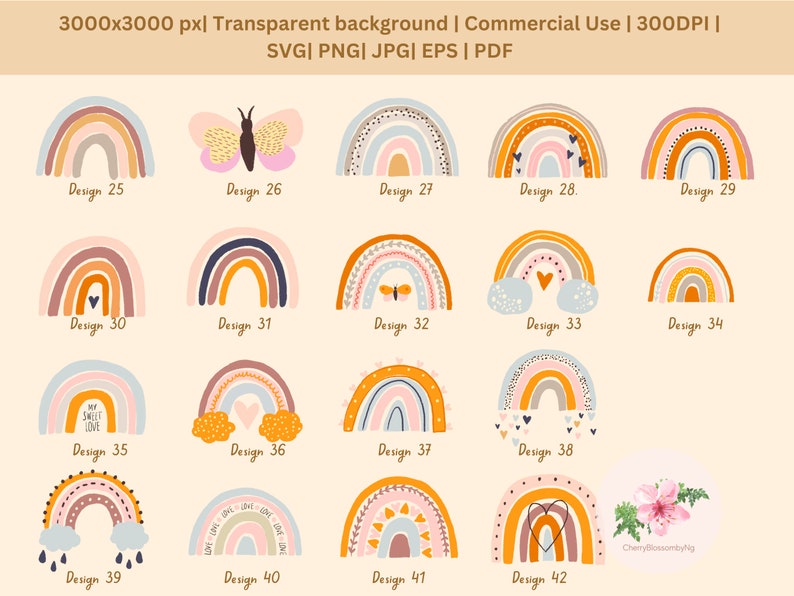 42 Hand Drawn Boho Rainbow Clipart Rainbow SVG Commercial Use Boho ...