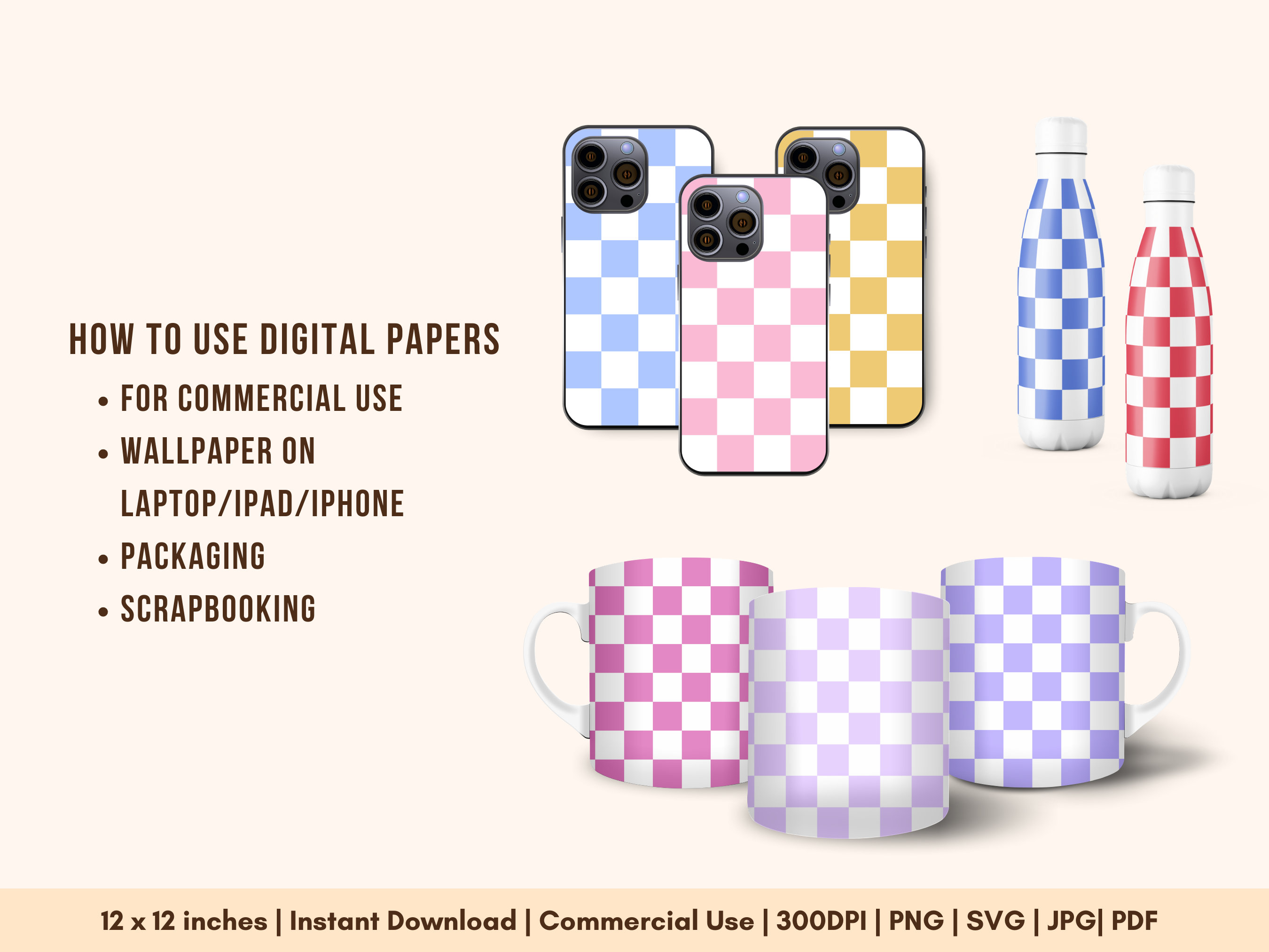 60+ Pastel Checks Digital Paper Retro Checkerboard Geometric Square ...