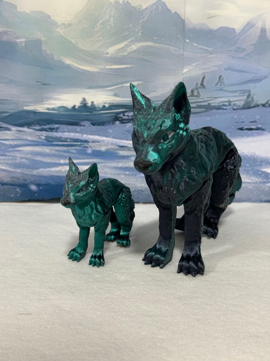 3D Printed Wolf Father and Son Black and Green Articulated Wolf ...