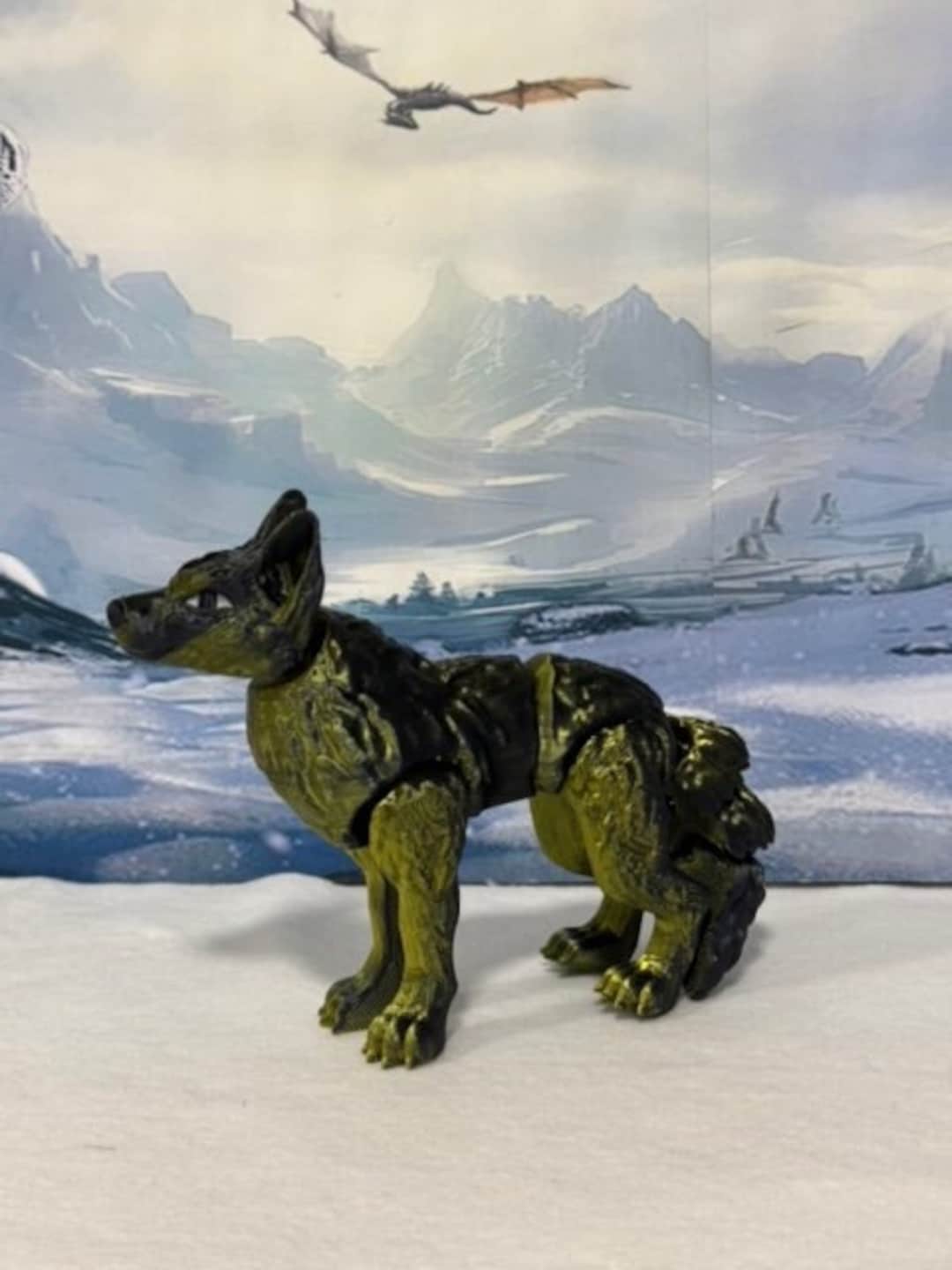 3D Printed Wolf 3D Articulated Wolf Flexible Poseable Green and Black ...