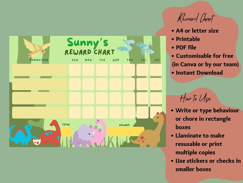 Dino Reward Chart, Printable and Personalised Behaviour Chart, Daily ...