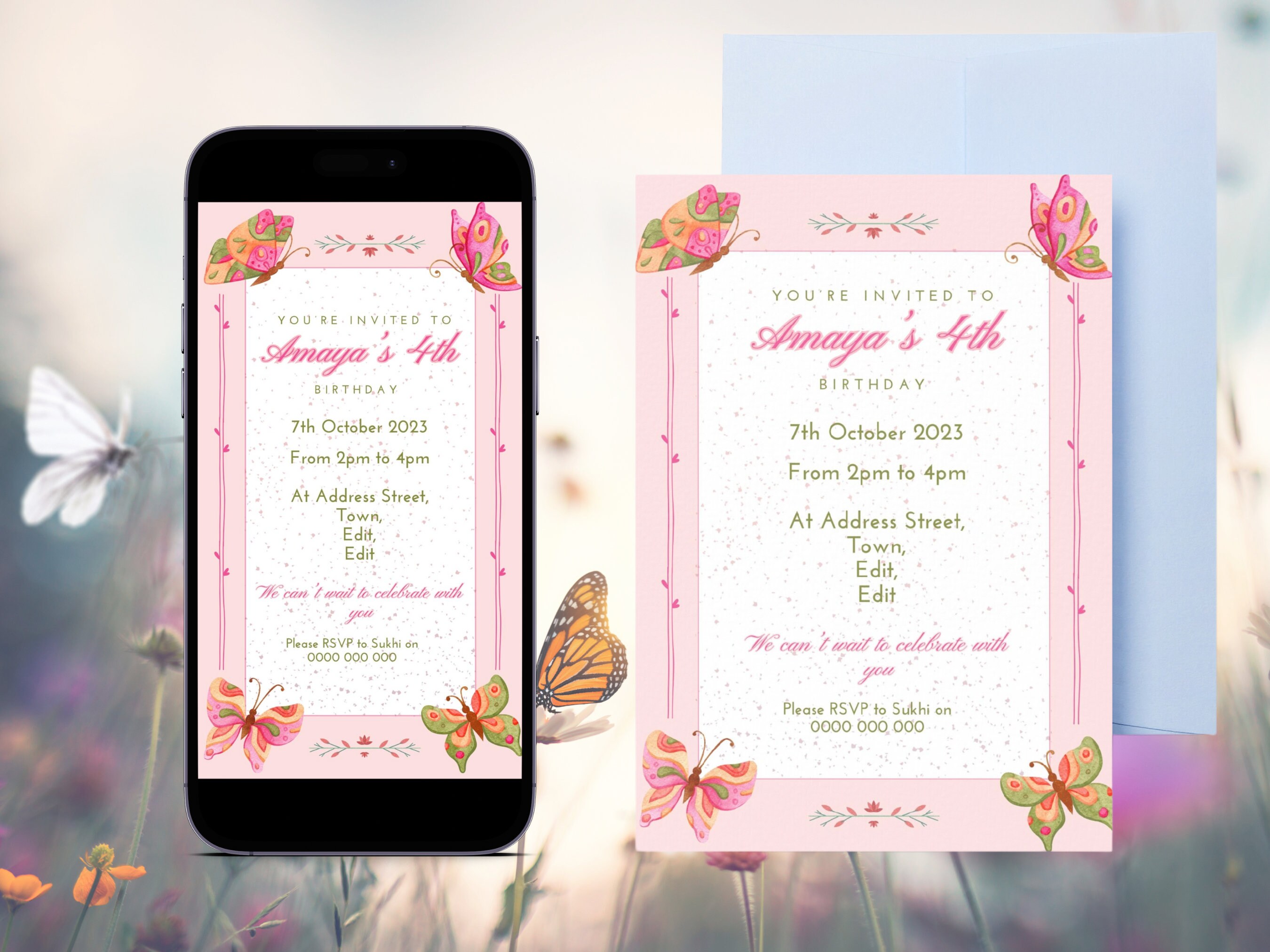 Butterfly Theme Birthday Invitation for Phone and Print, Customisable ...