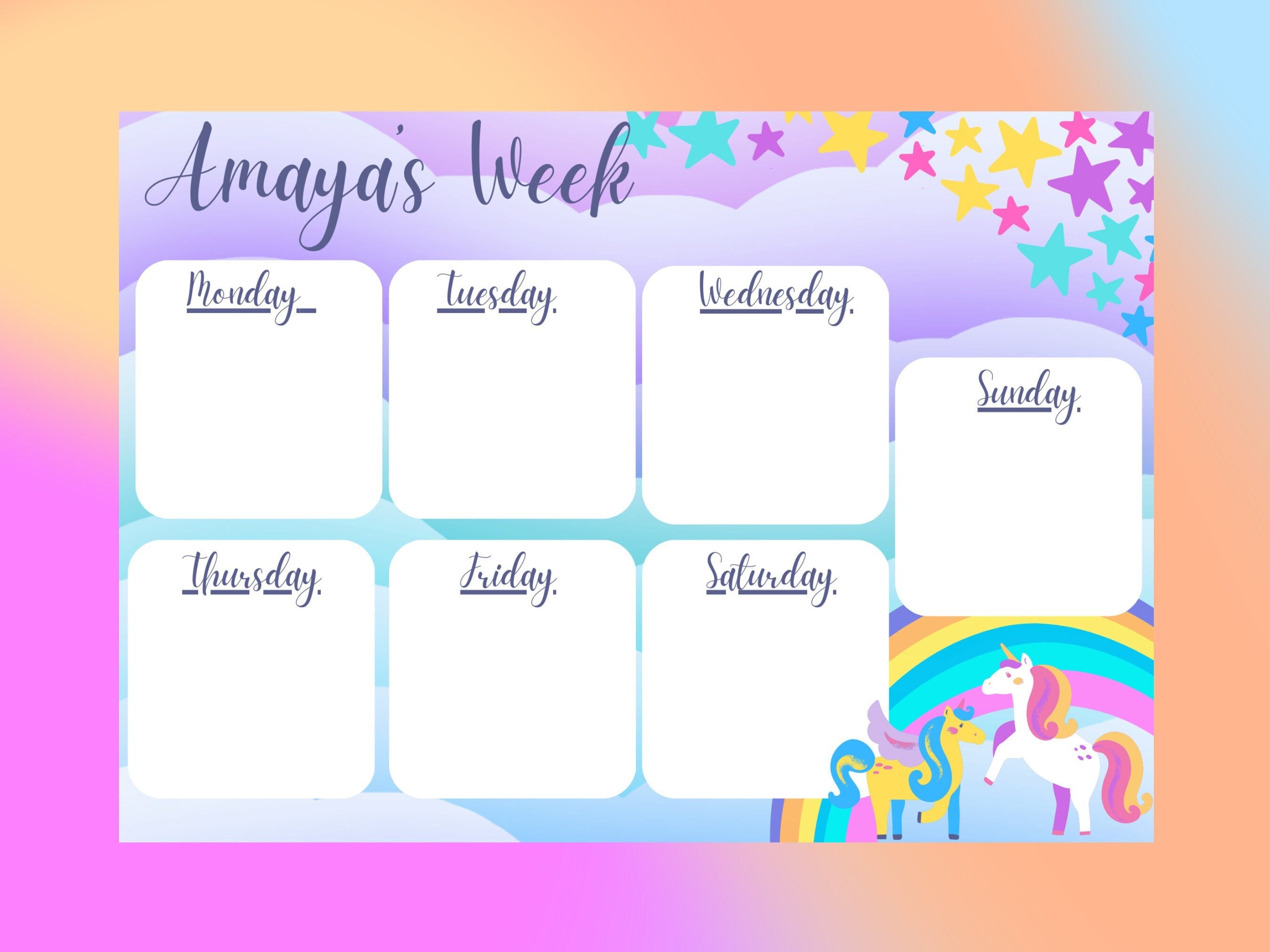 Printable and Editable Unicorn Weekly Schedule, Personalised Weekly ...