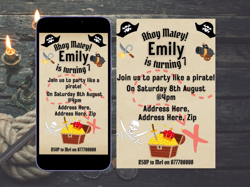 Pirate Party Birthday Invitation for Phone, Pirate Treasure Map Invite ...