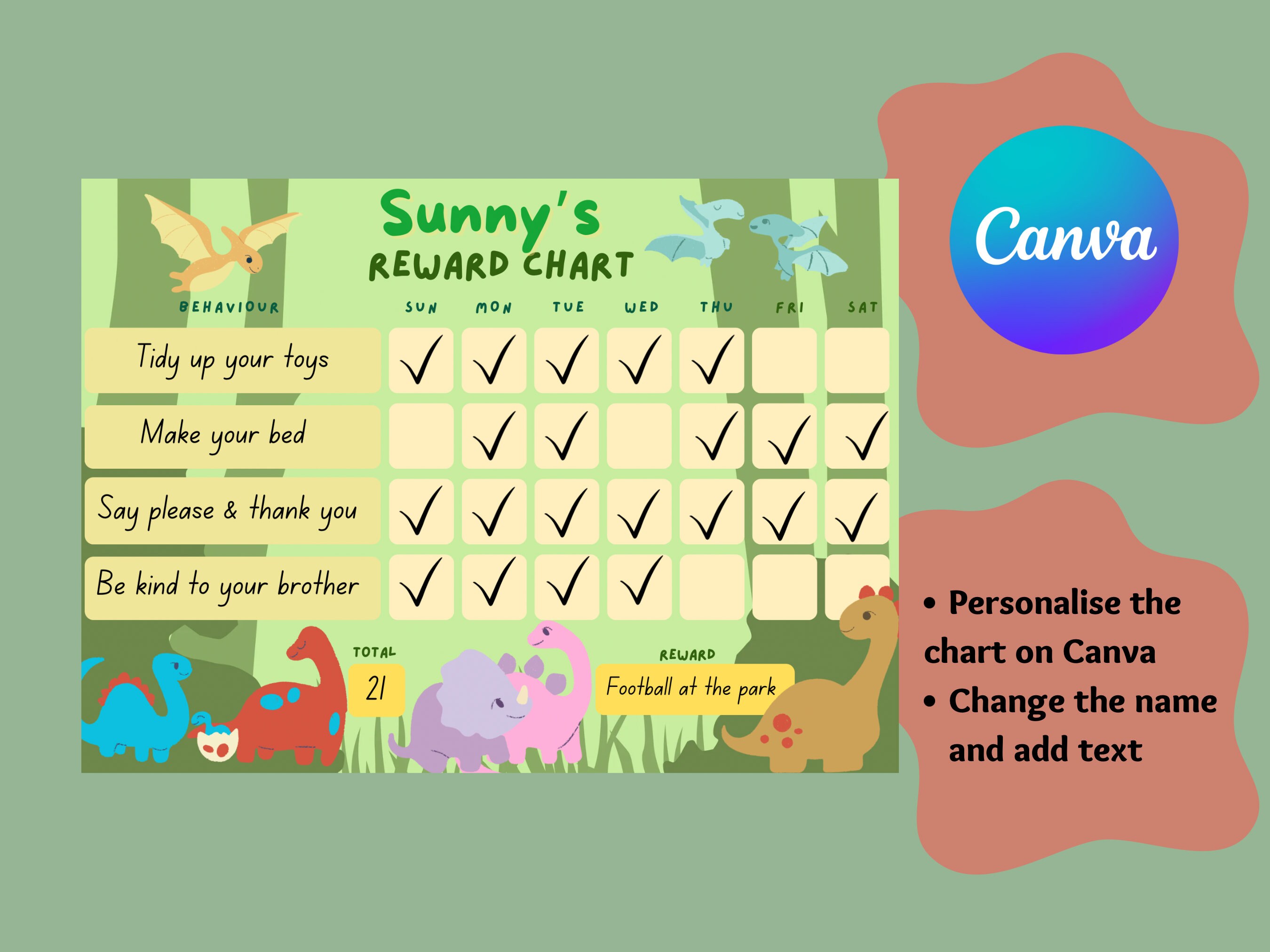 Dino Reward Chart, Printable and Personalised Behaviour Chart, Daily ...