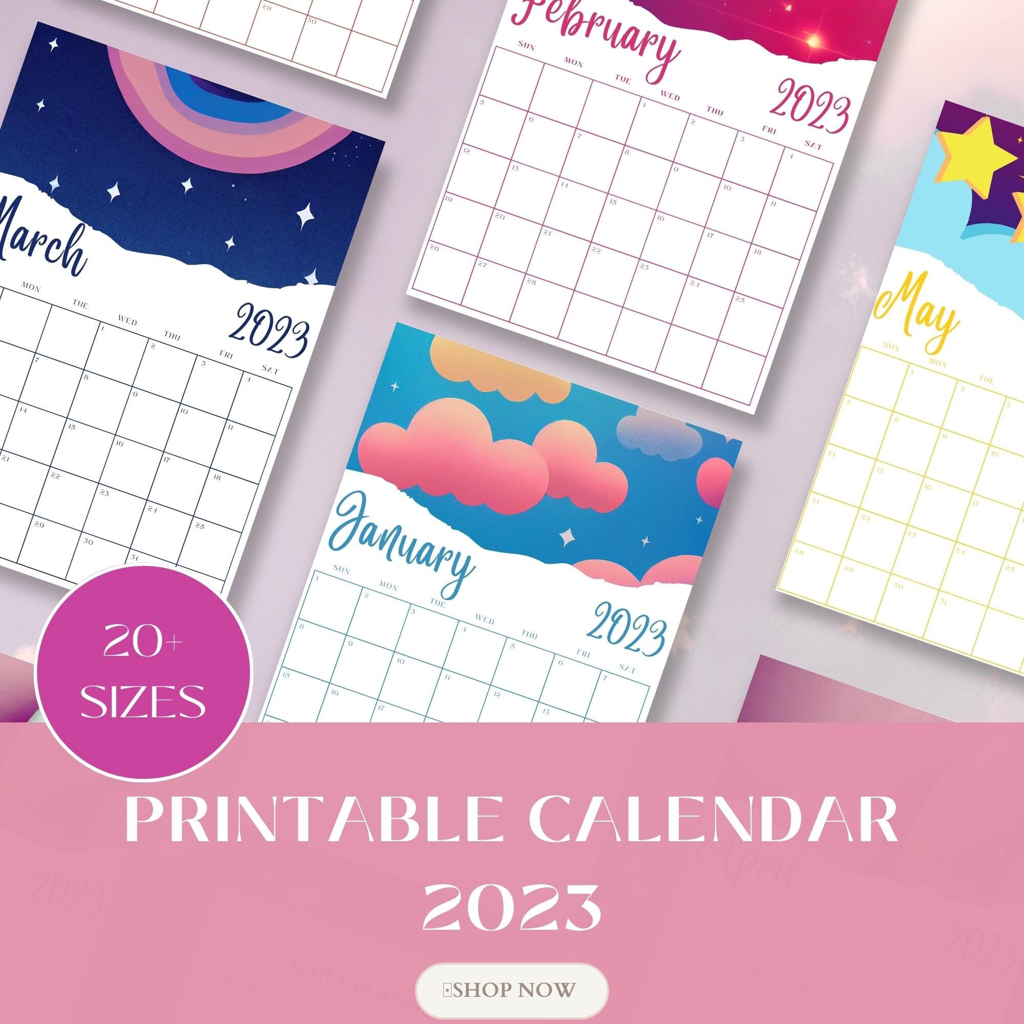 Printable Calendar 2023 A4 A5 US Letter Sizes Vertical Portrait Digital ...