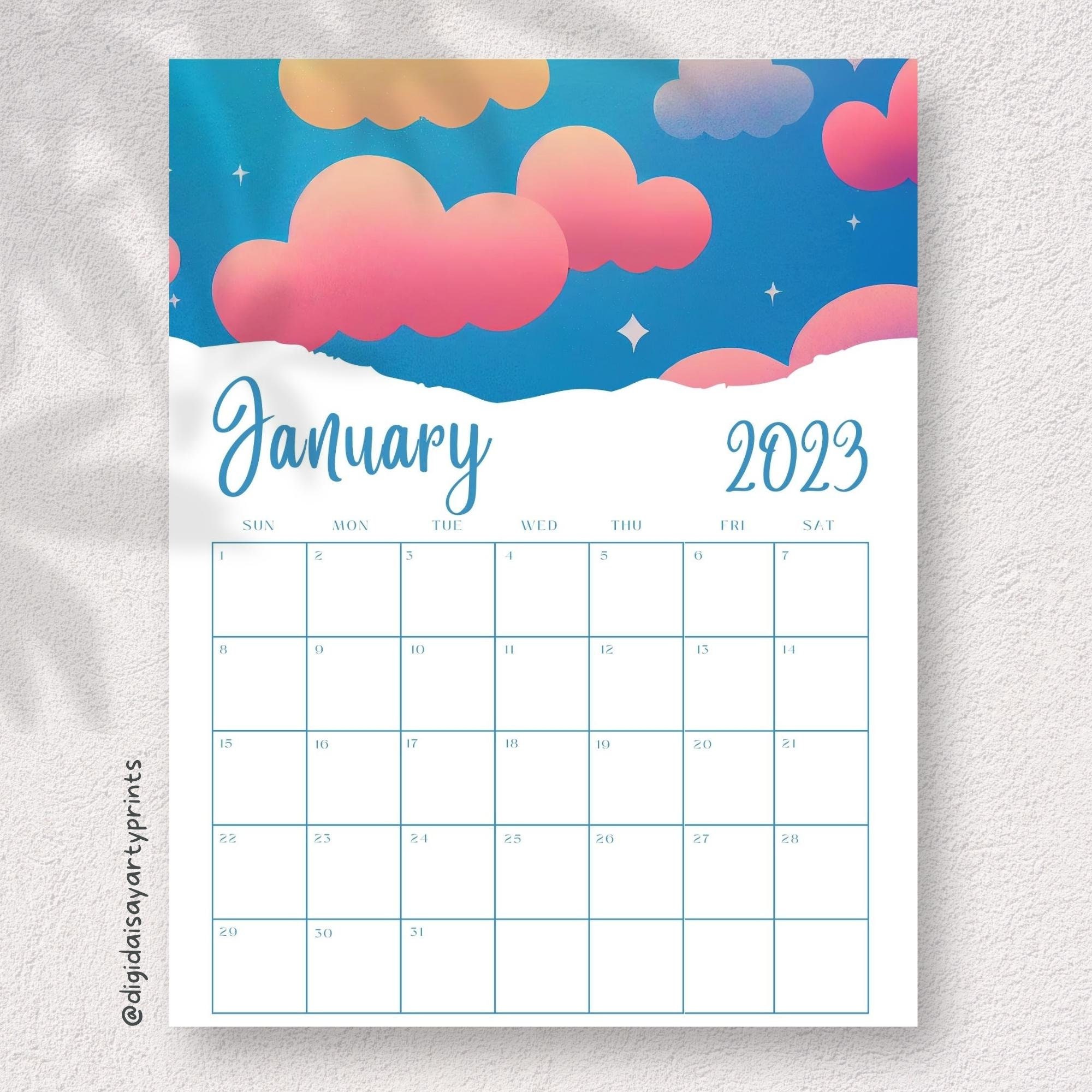 Printable Calendar 2023 A4 A5 US Letter Sizes Vertical Portrait Digital ...
