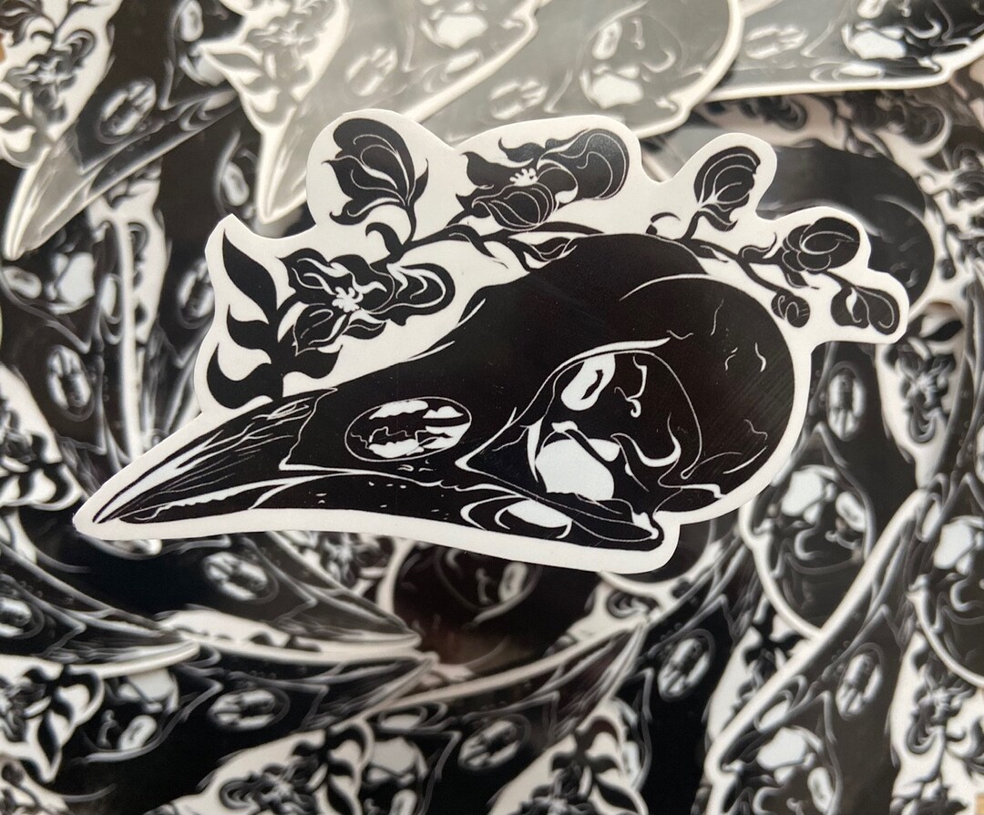 GLOSSY STICKER: Crow Skull and Flower Sticker, Crow Sticker, Skull ...
