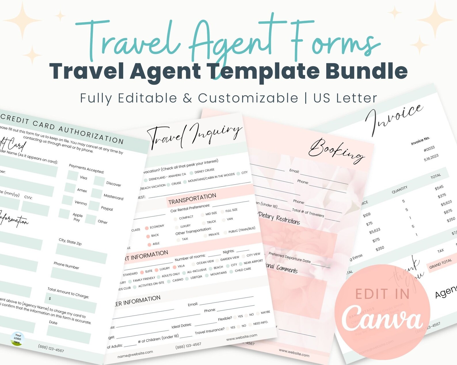 Travel Agent Forms Bundle Travel Booking Form Invoice Credit Card ...