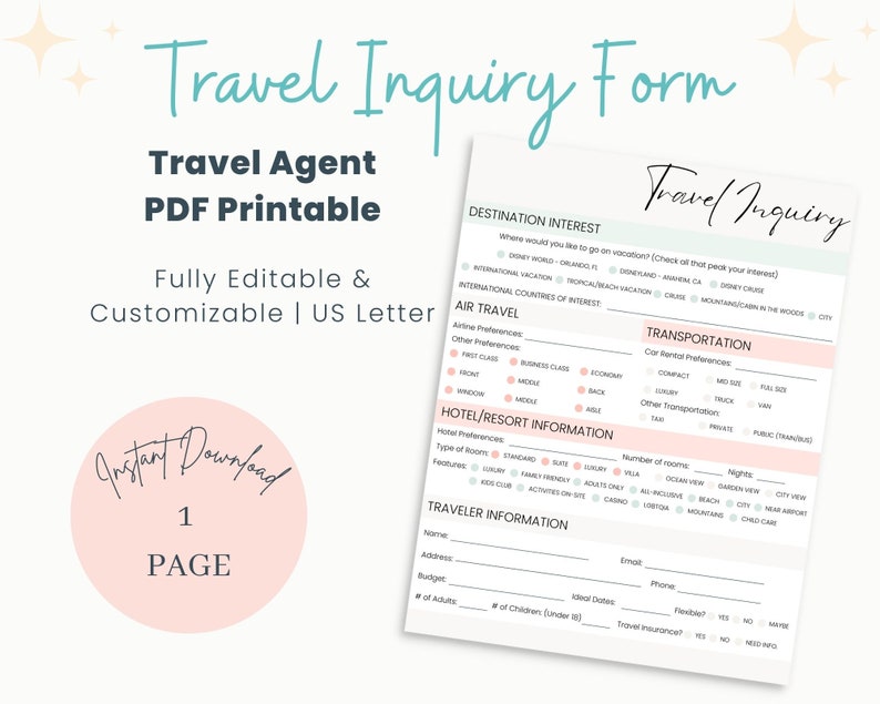 Travel Inquiry PDF Printable for Travel Agents Travel Inquiry Form ...