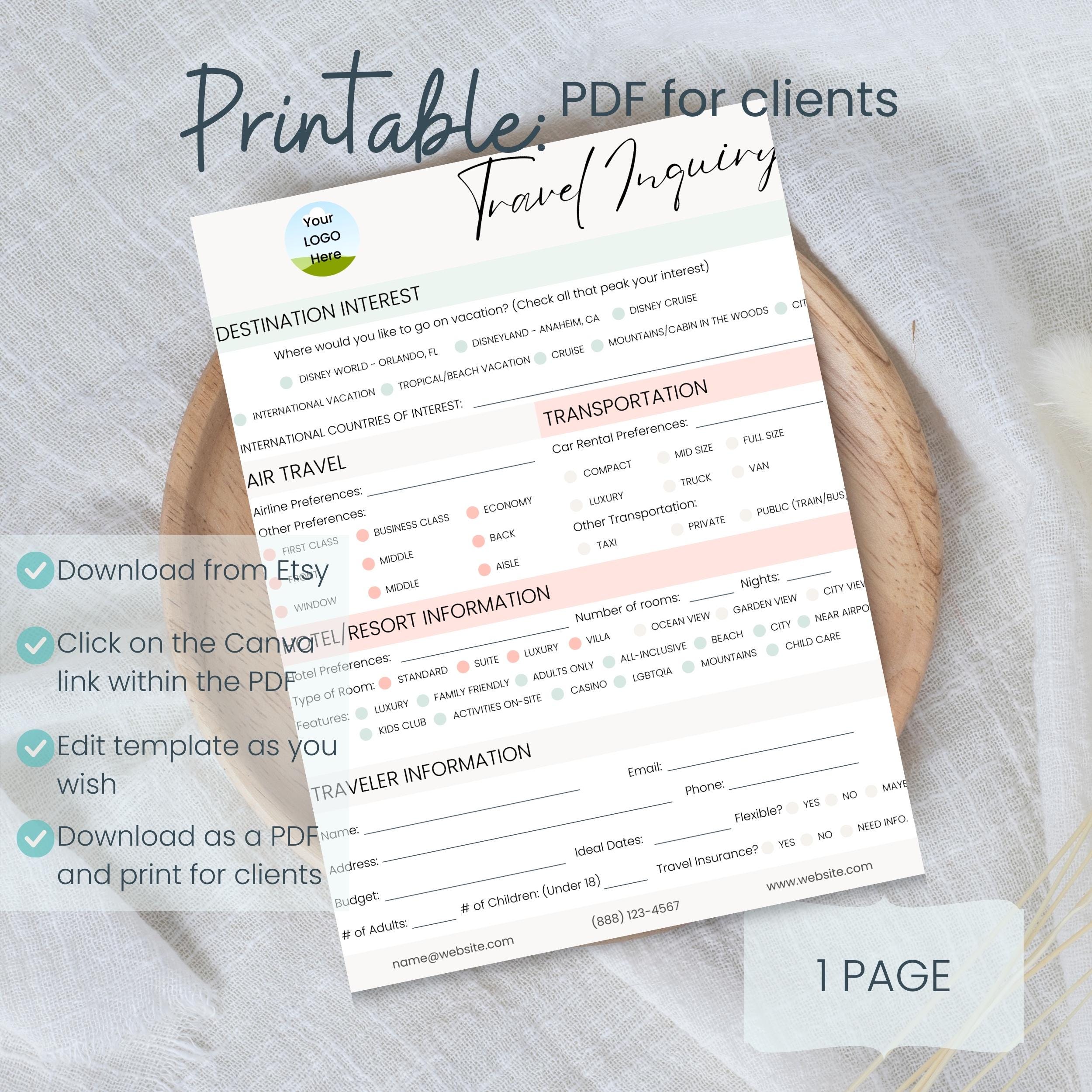 Travel Inquiry Template for Travel Agents Travel Inquiry Form Travel ...