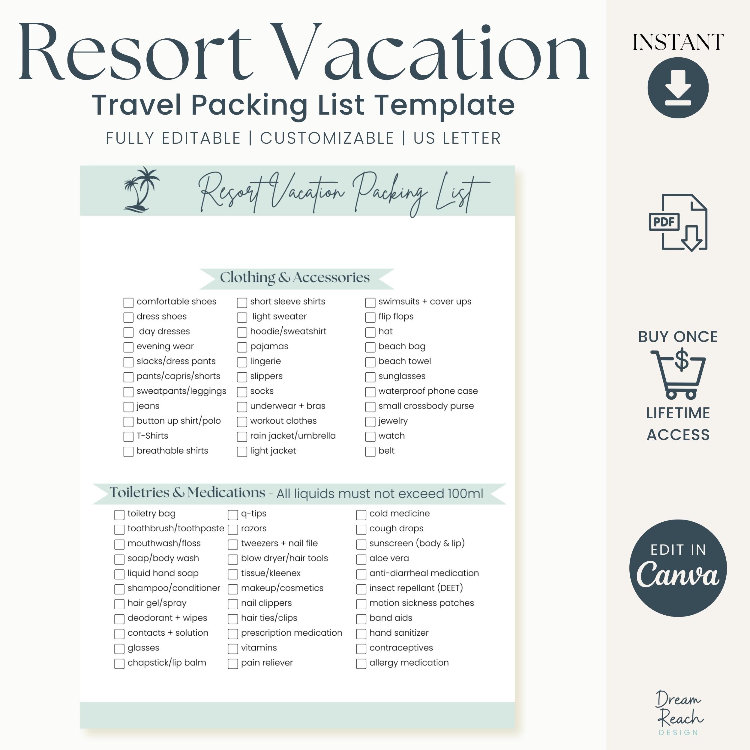 Resort Vacation Packing List Travel Template Packing List Planner ...