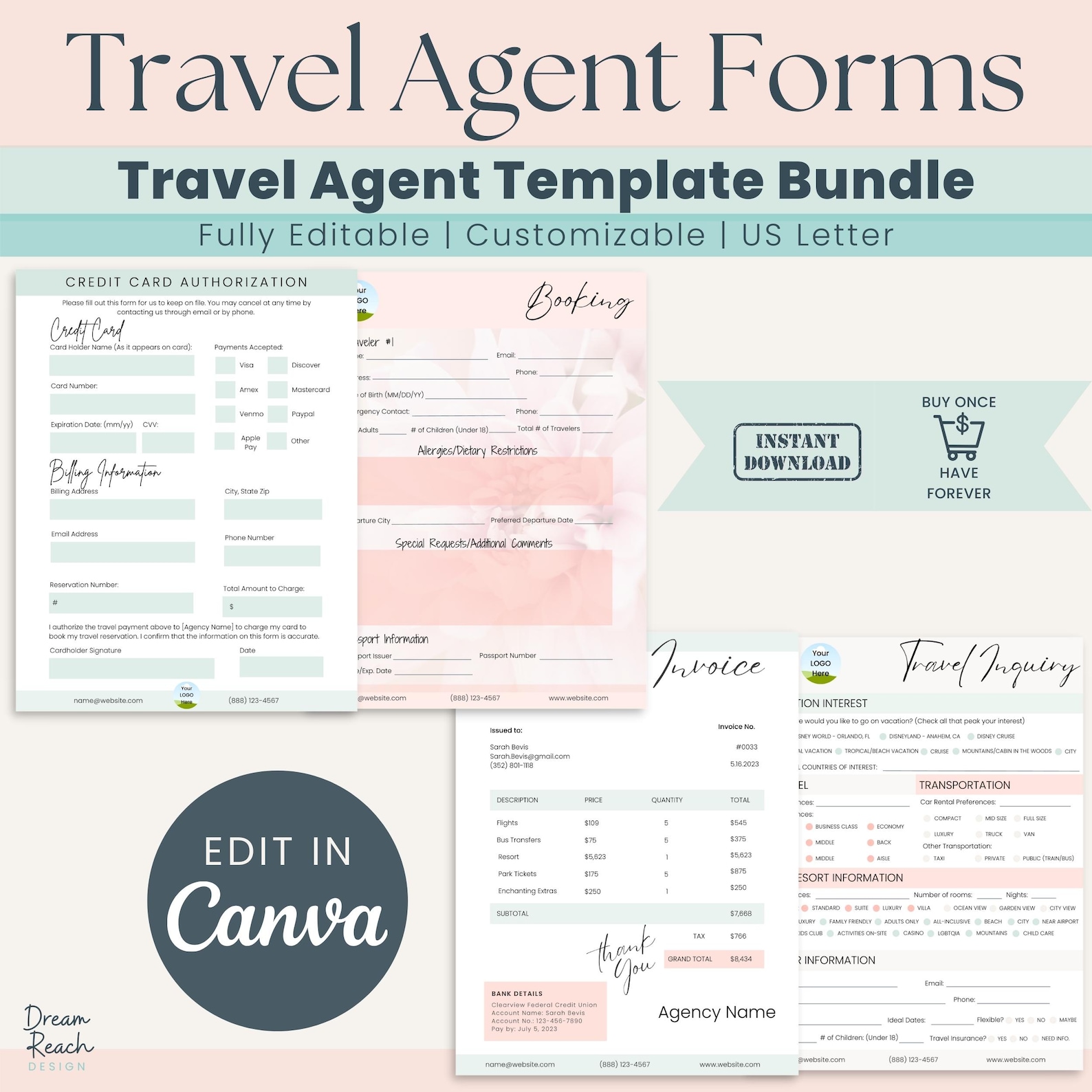 Travel Agent Forms Bundle Travel Booking Form Invoice Credit Card ...