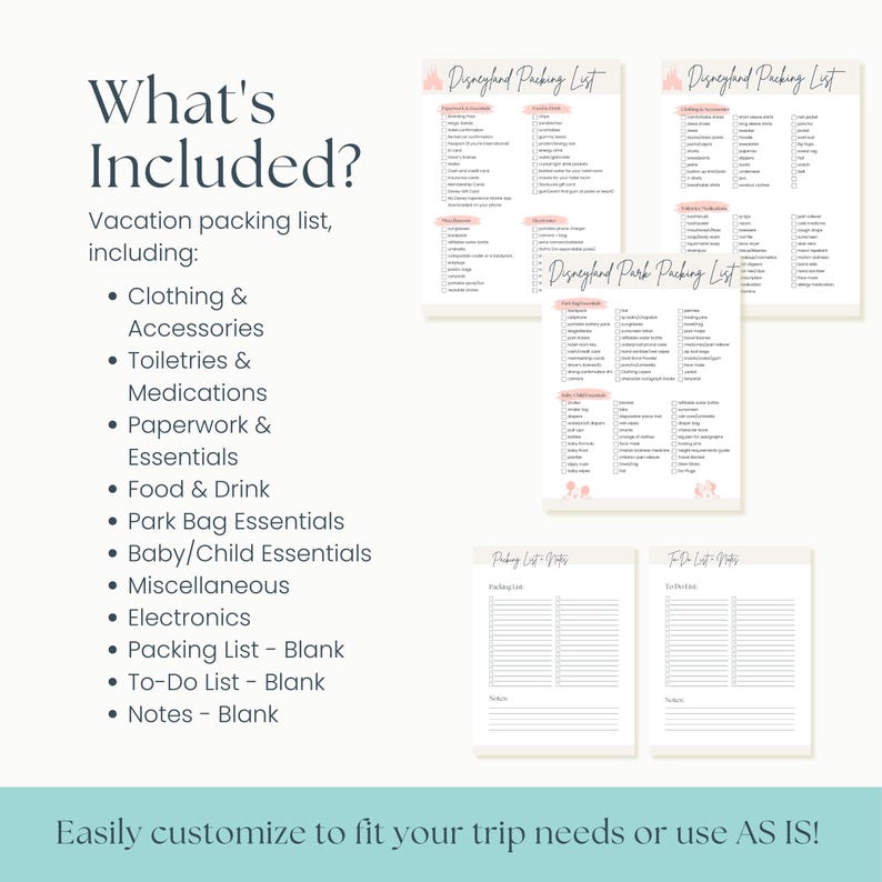Theme Park Vacation Packing List Travel Template Packing List Planner ...
