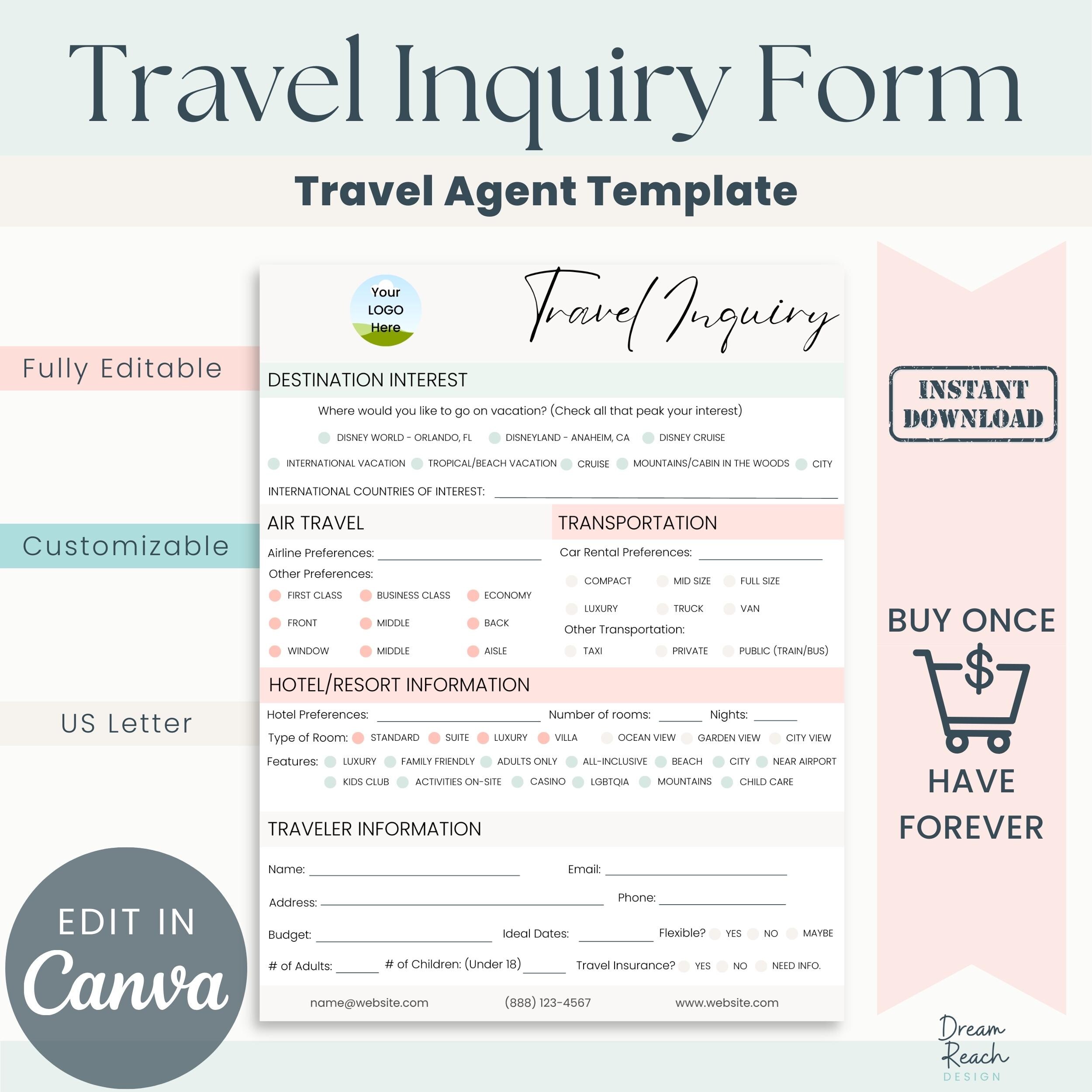 Travel Inquiry Template for Travel Agents Travel Inquiry Form Travel ...