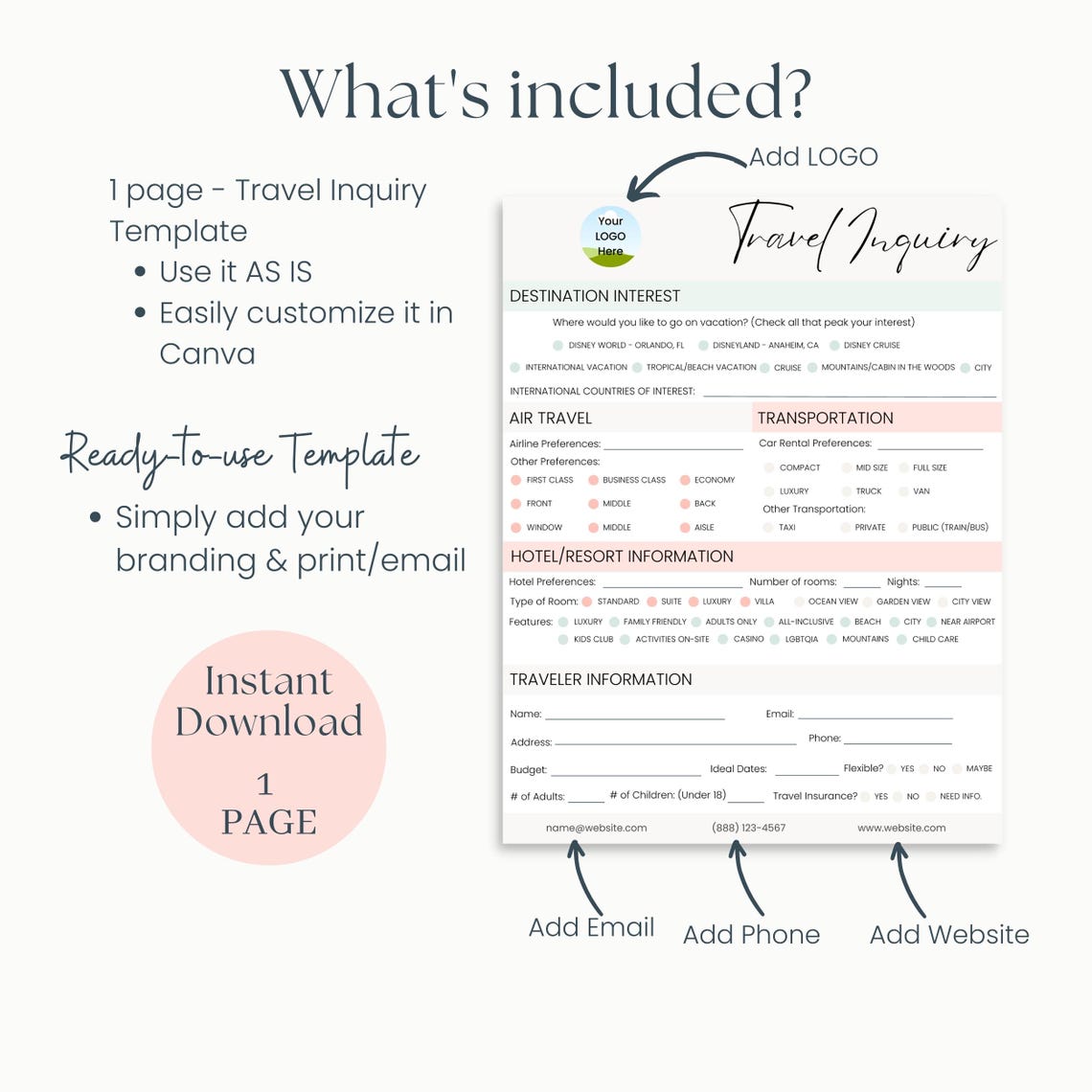 Travel Inquiry Template for Travel Agents Travel Inquiry Form Travel ...