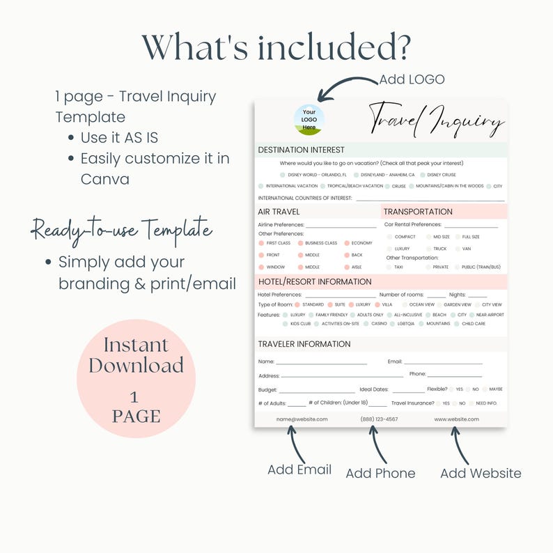 Travel Inquiry Template for Travel Agents Travel Inquiry Form Travel ...