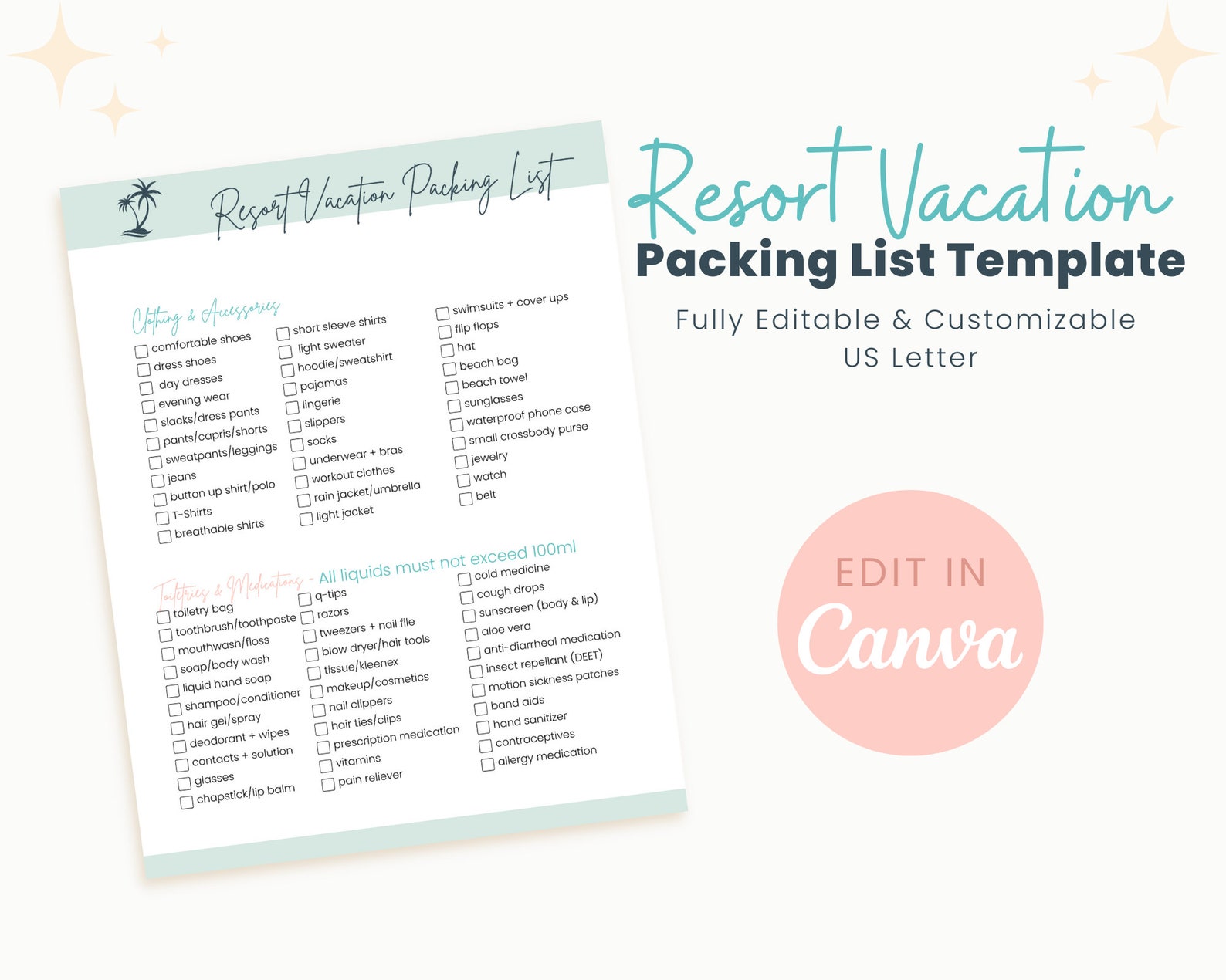 Resort Vacation Packing List Template for Travel Agents - Etsy