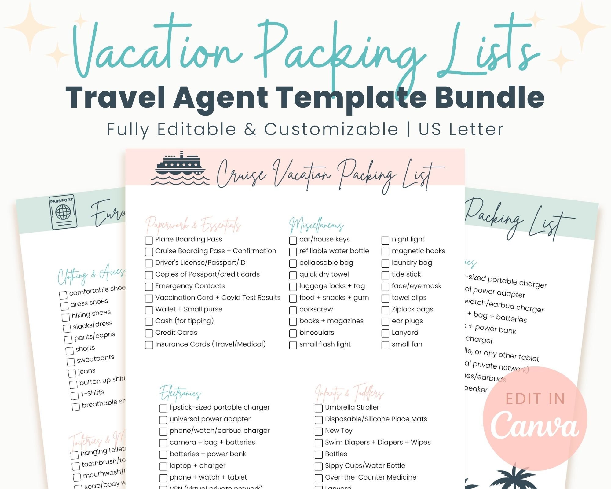 Packing List Template Bundle for Travel Agents Resort - Etsy