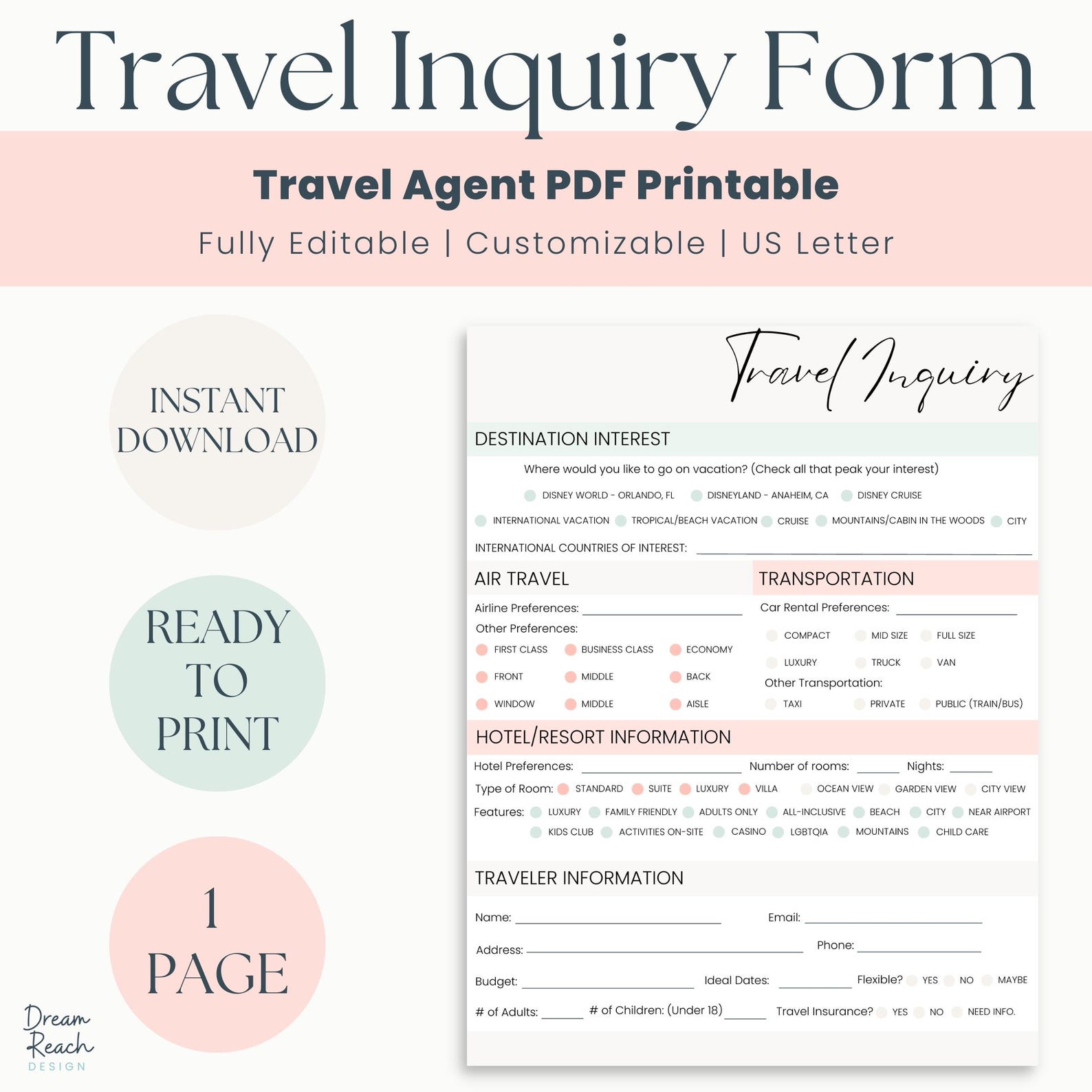 Travel Inquiry PDF Printable for Travel Agents Travel Inquiry Form ...