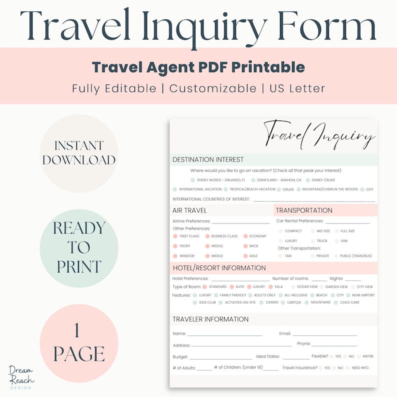 Travel Inquiry PDF Printable for Travel Agents Travel Inquiry Form ...