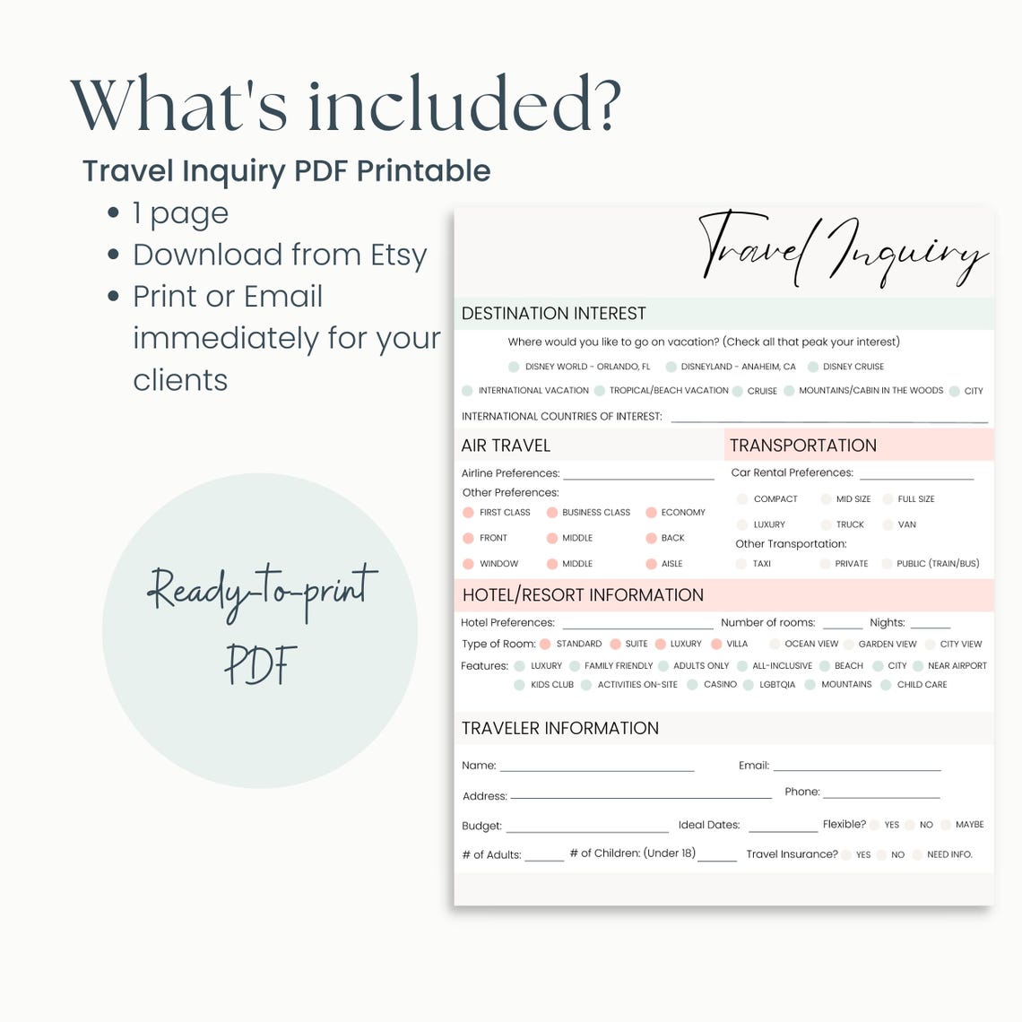 Travel Inquiry PDF Printable for Travel Agents Travel Inquiry Form ...