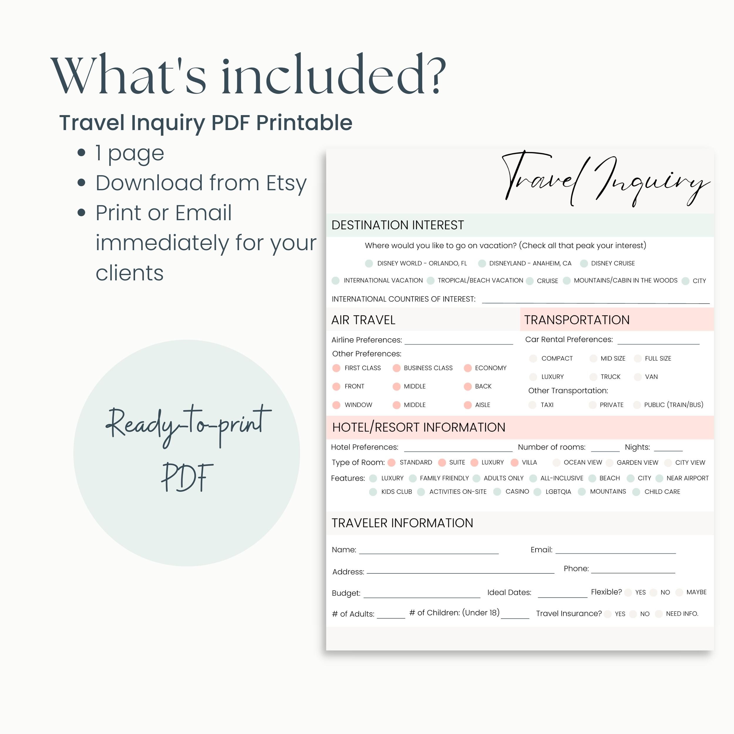 Travel Inquiry PDF Printable for Travel Agents Travel Inquiry Form ...