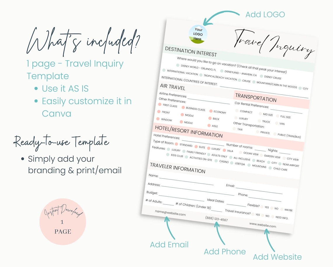 Travel Inquiry Template for Travel Agents Travel Inquiry Form Travel ...