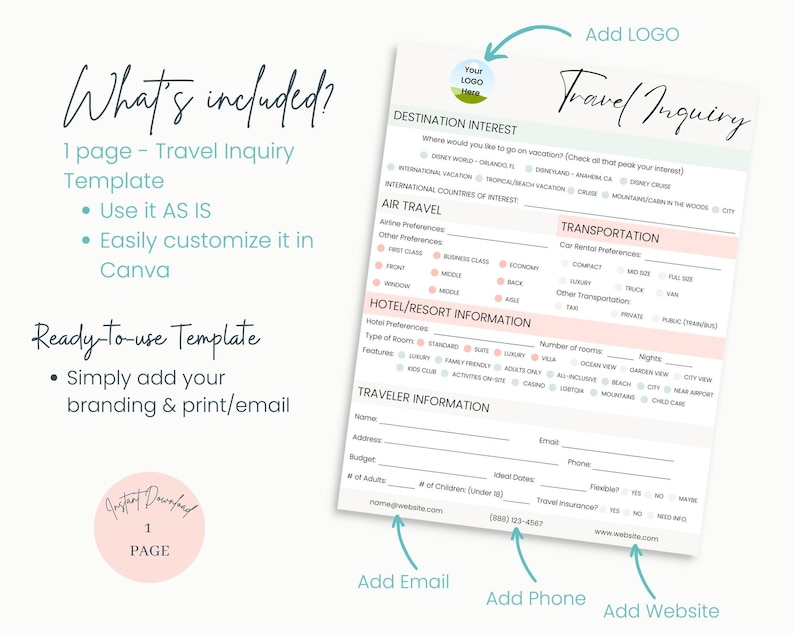 Travel Inquiry Template for Travel Agents Travel Inquiry Form Travel ...