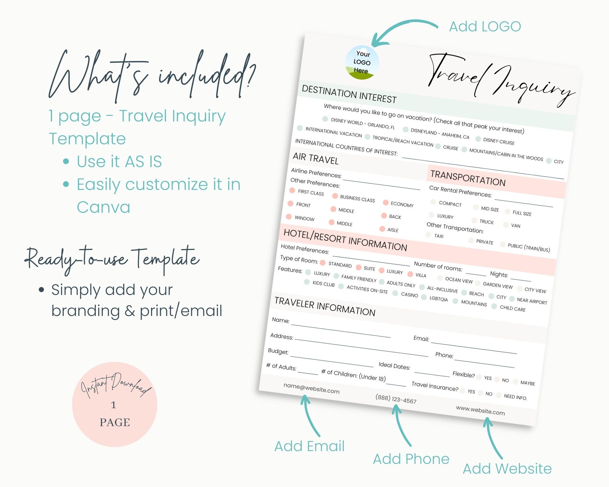 Travel Inquiry Template for Travel Agents Travel Inquiry Form Travel ...