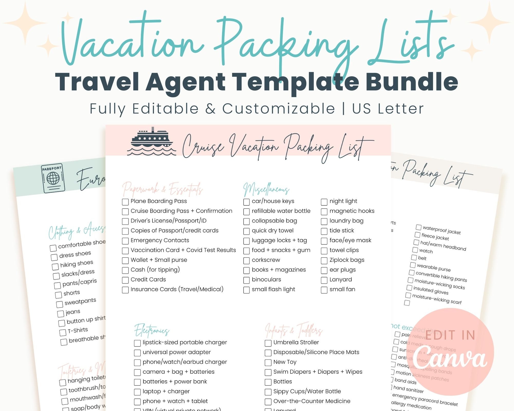 Packing List Template Bundle for Travel Agents Resort Honeymoon ...