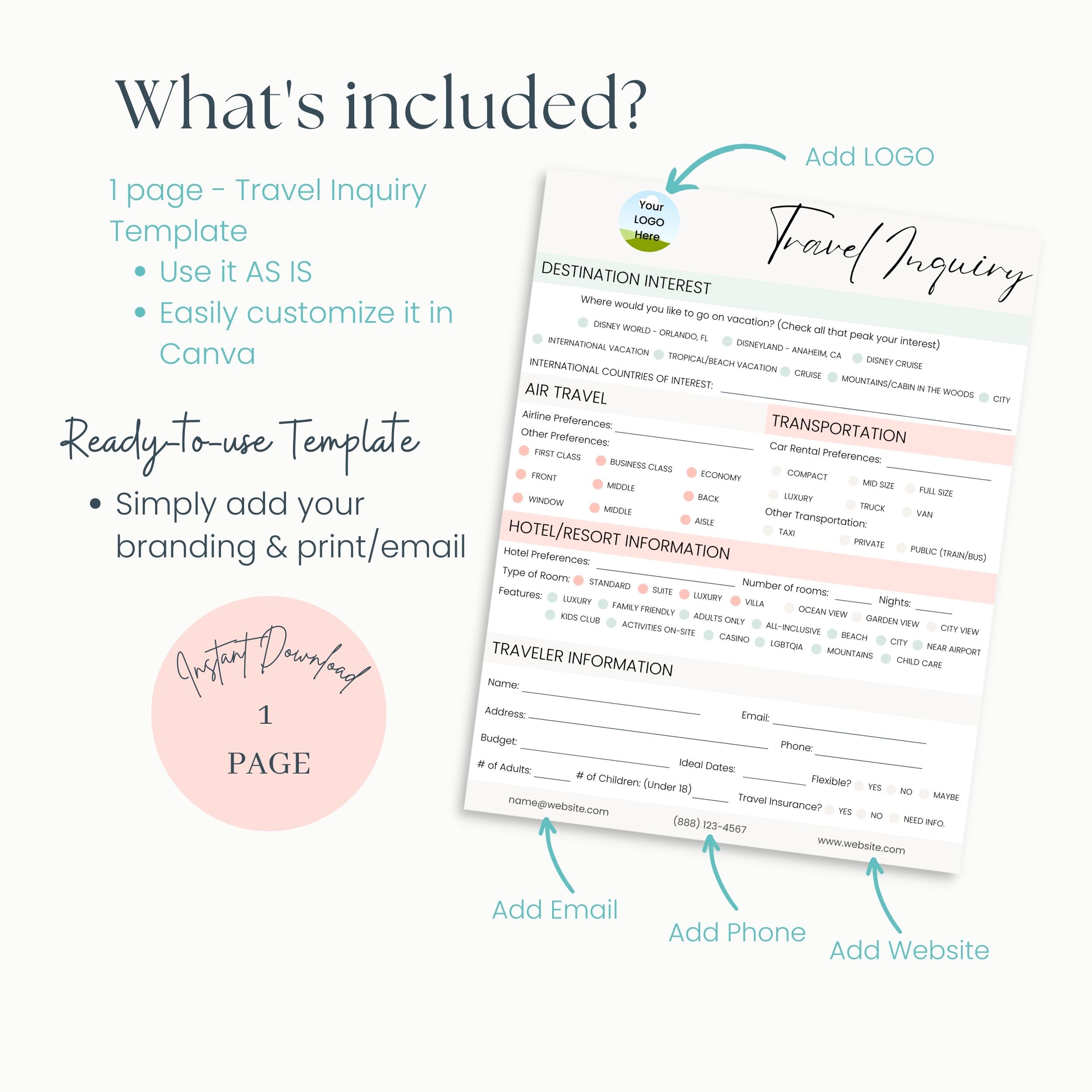 Travel Inquiry Template for Travel Agents Travel Inquiry Form Travel ...