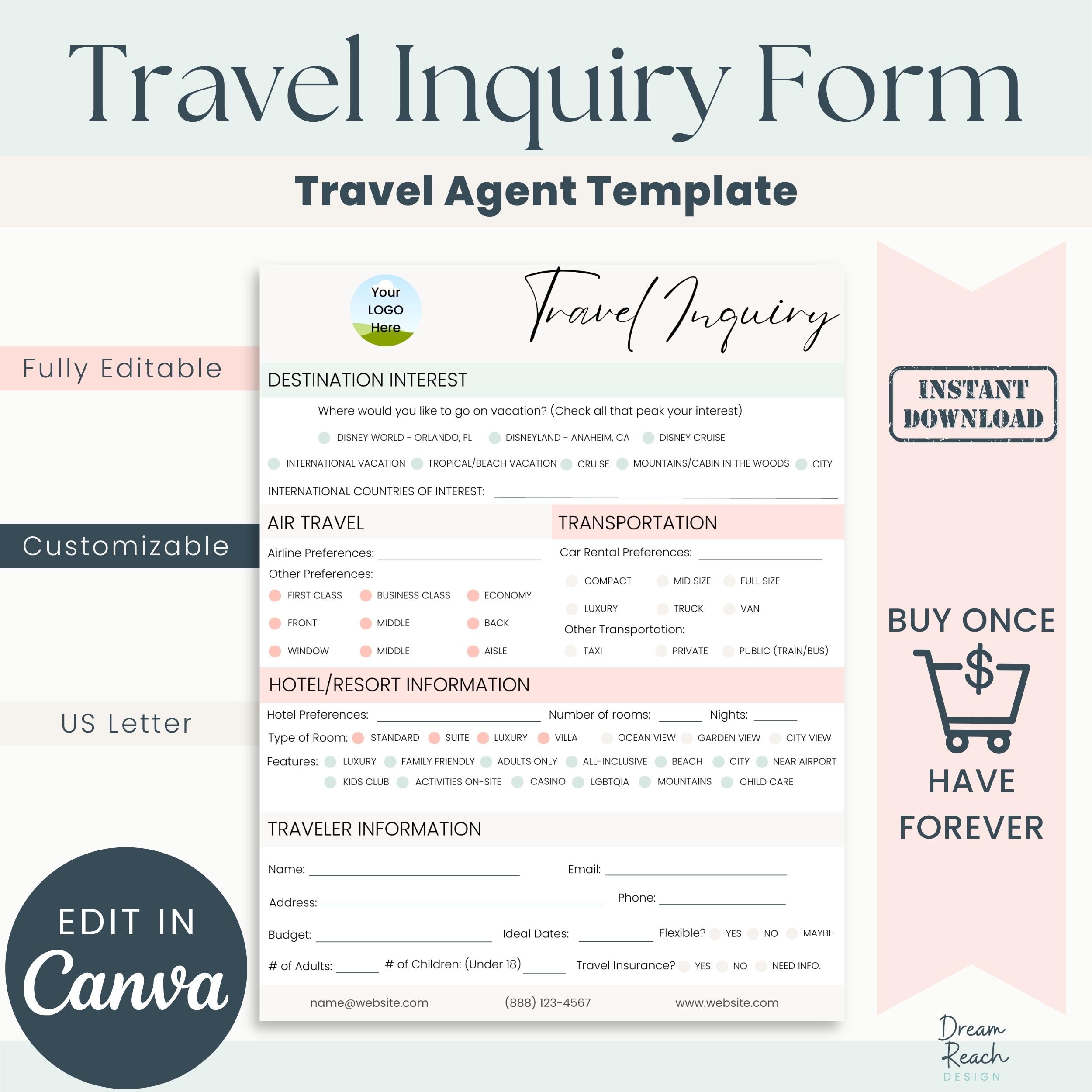 Travel Inquiry Template for Travel Agents Travel Inquiry Form Travel ...